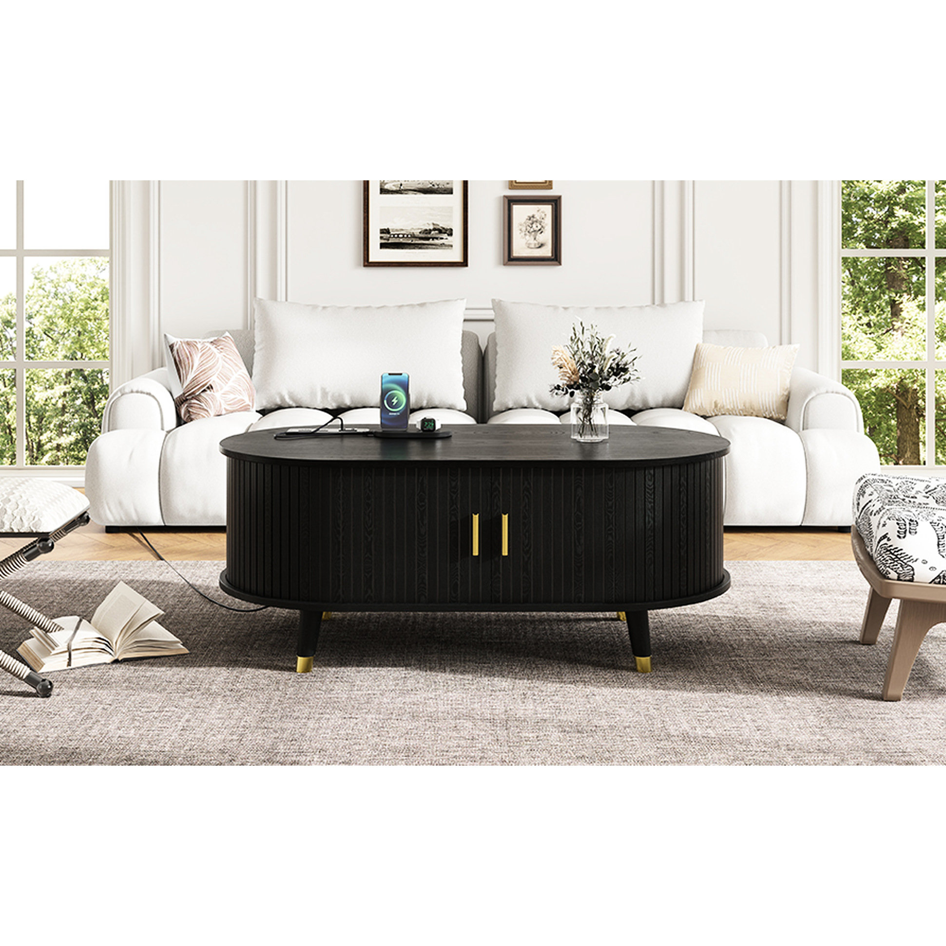 George Oliver Mid - Century Black Oval Fluted Coffee Table With Built ...