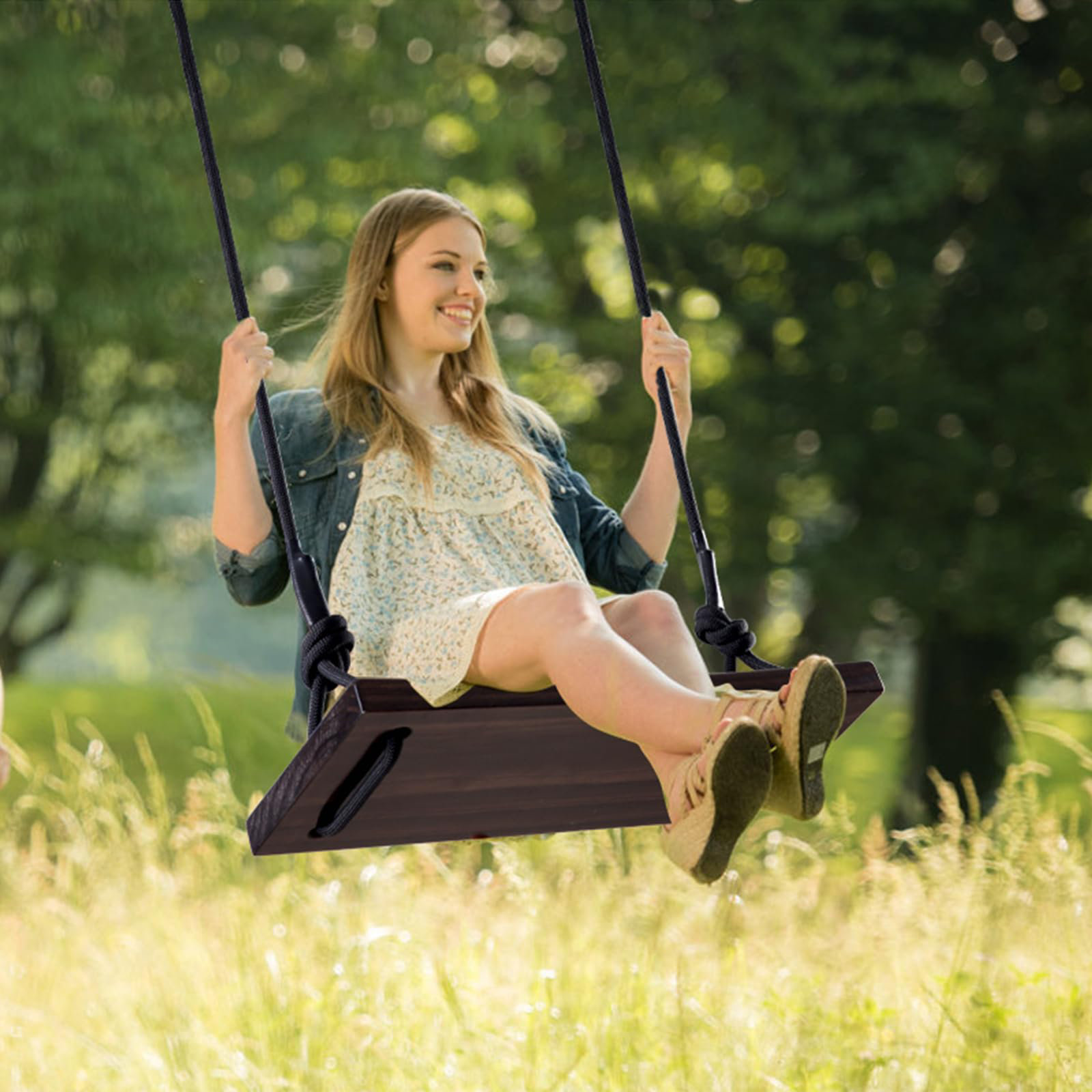 Millwood Pines Carbonized Wooden Tree Swing Seat with Adjustable Rope ...