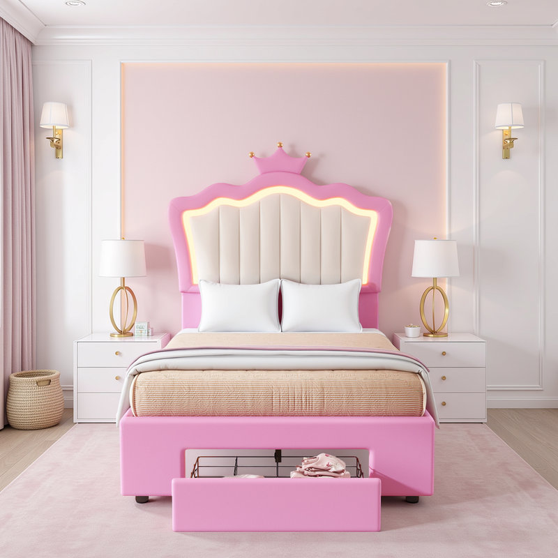 Gemma Violet Modern Princess Crown Upholsteres Bed With LED and Drawers ...