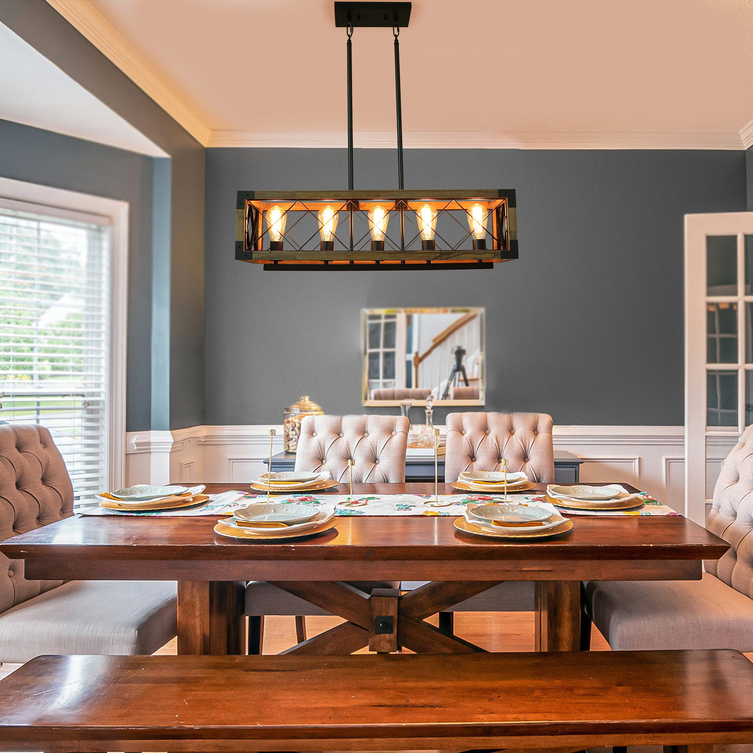 Gracie Oaks Rectangle Wood Chandelier Kitchen Lighting Fixtures,5 ...