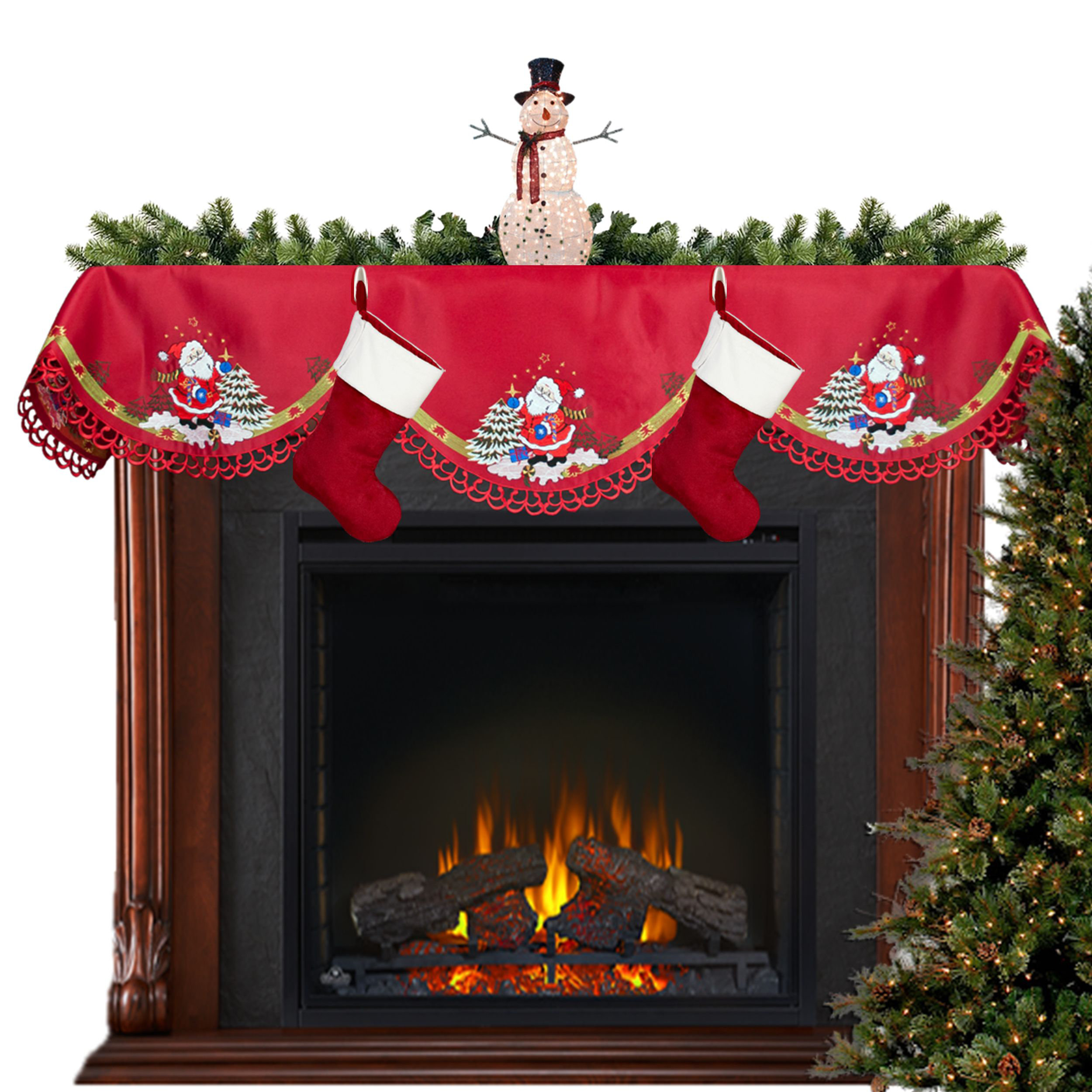 The Holiday Aisle® Aitkin Santa Claus Christmas Trees Red Mantel Scarf ...