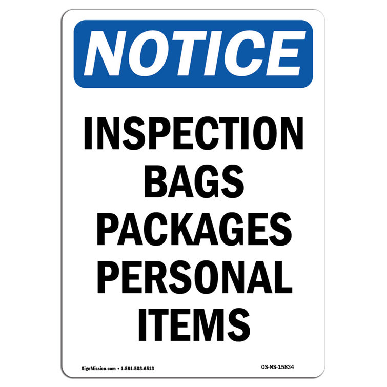 SignMission Inspection Bags Packages Personal Items Sign | Wayfair