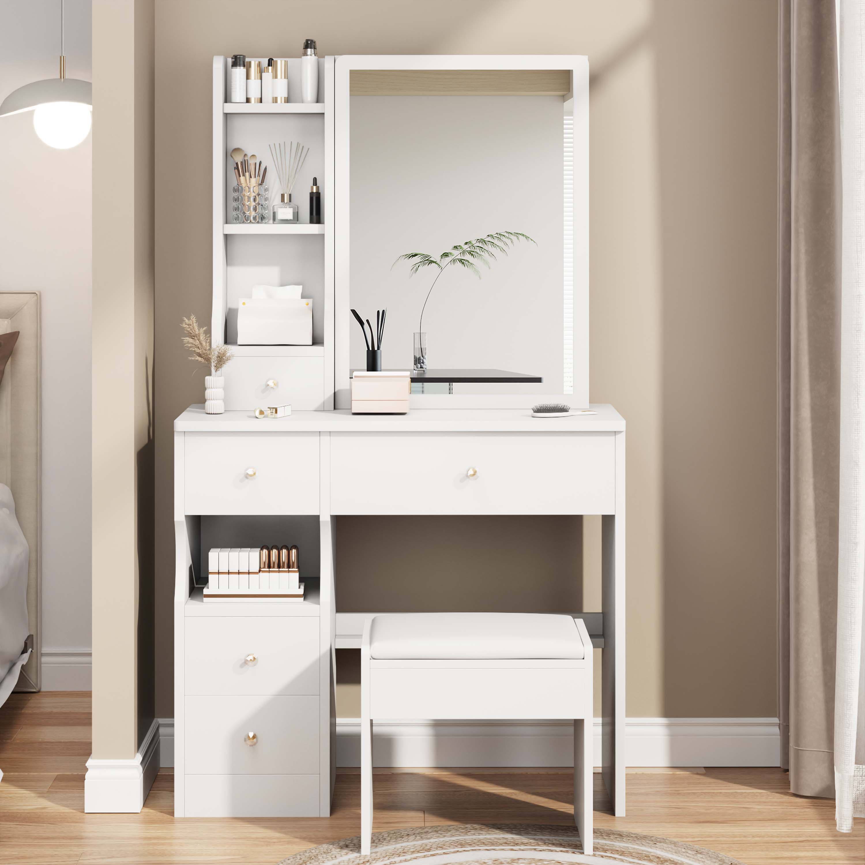 Latitude Run® Small Space Left Drawer Desktop Vanity Table + Cushioned ...