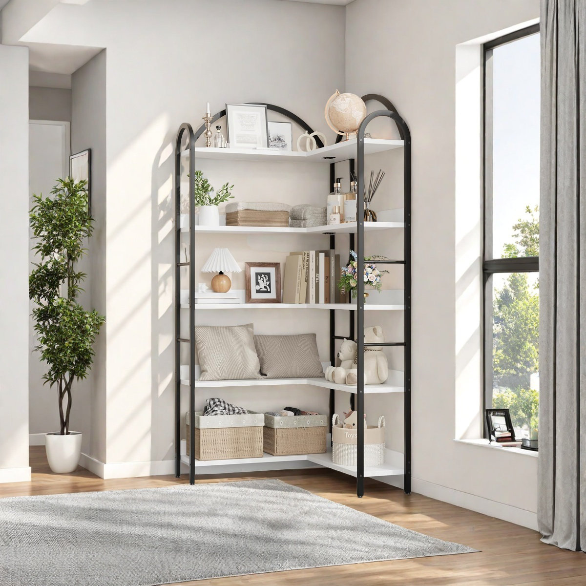 Ebern Designs Corner Bookshelf Arched Bookcase, L Shaped Bookshelf ...