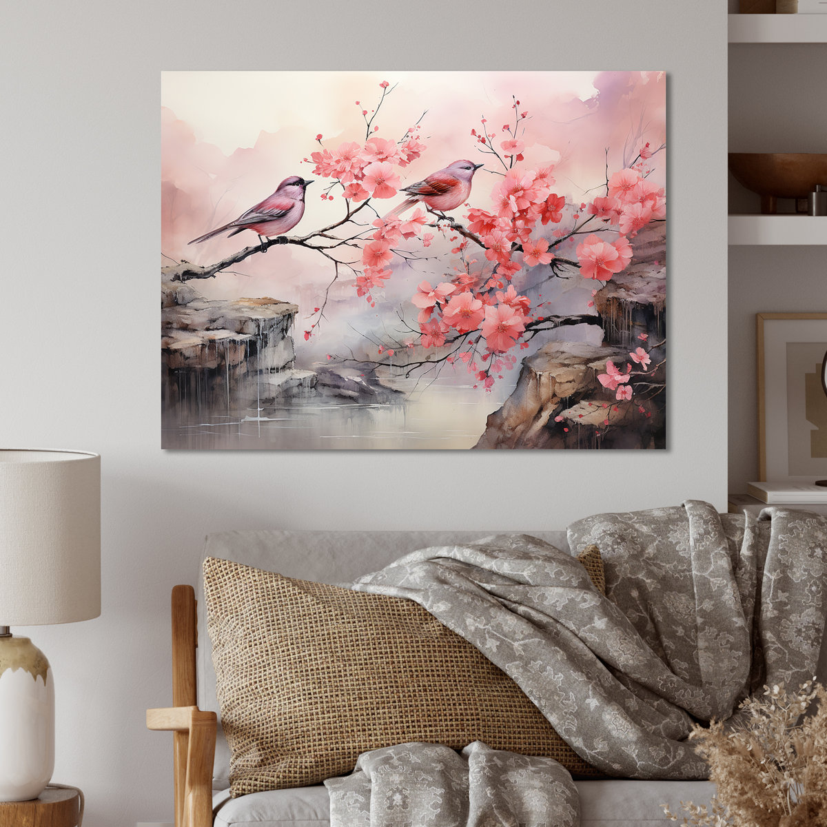Lark Manor™ Sakura Pink Birds On Pink Blossom Tree - Bird Metal Wall ...