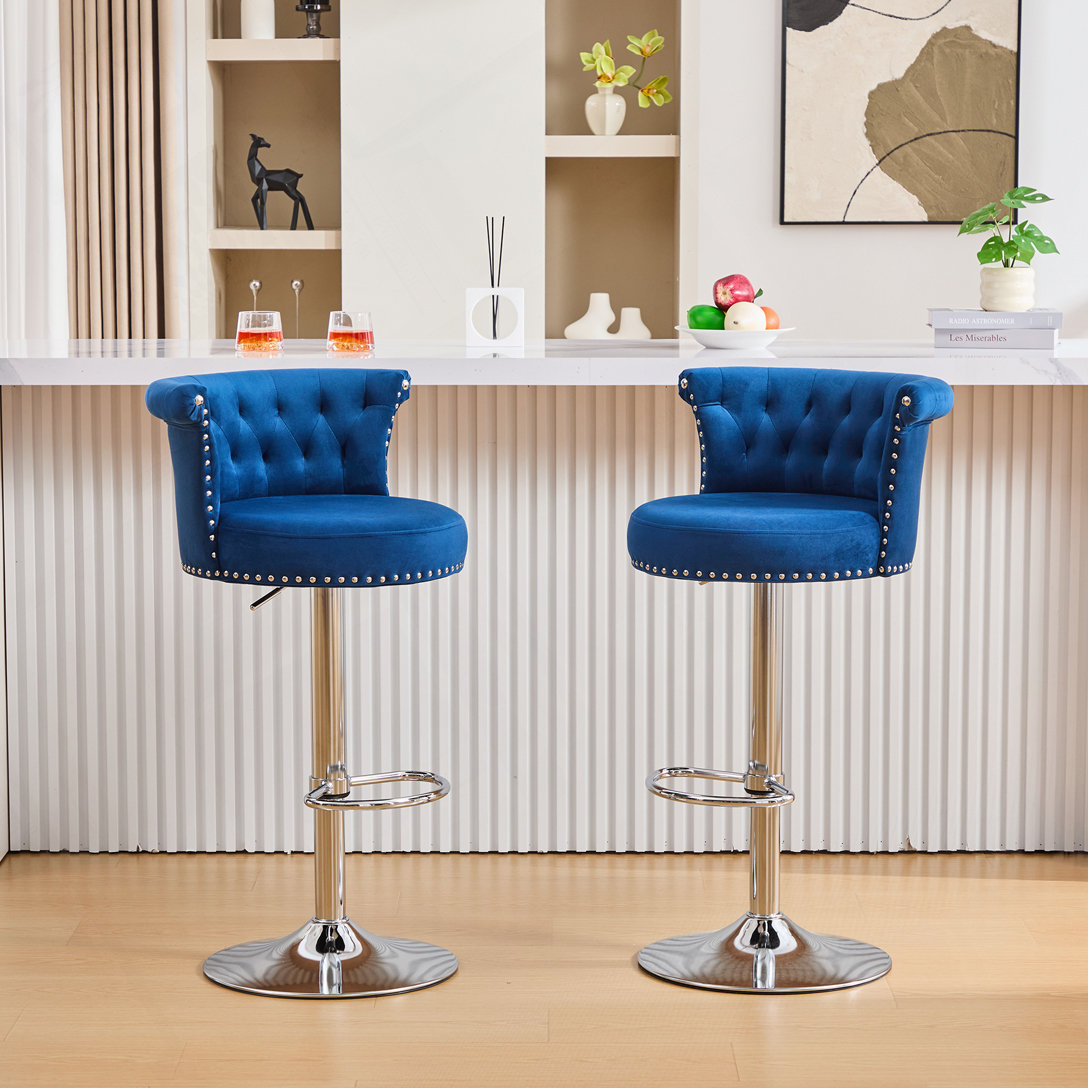 Everly Quinn Adjustable Swivel Velvet Bar Stools with Silver Plated ...