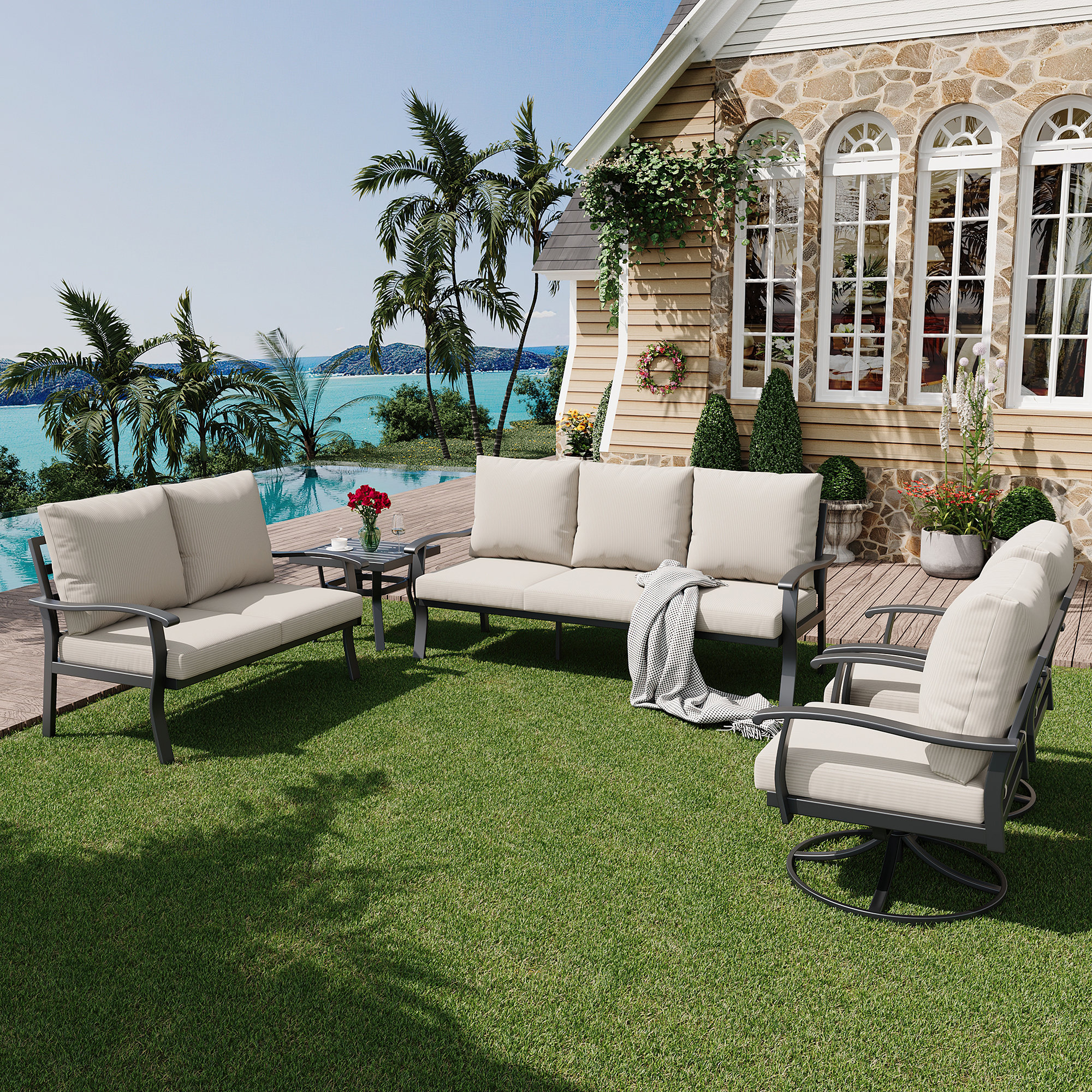 Winston Porter 5 PCS Outdoor Metal Conversation Set With 360° Swivel ...