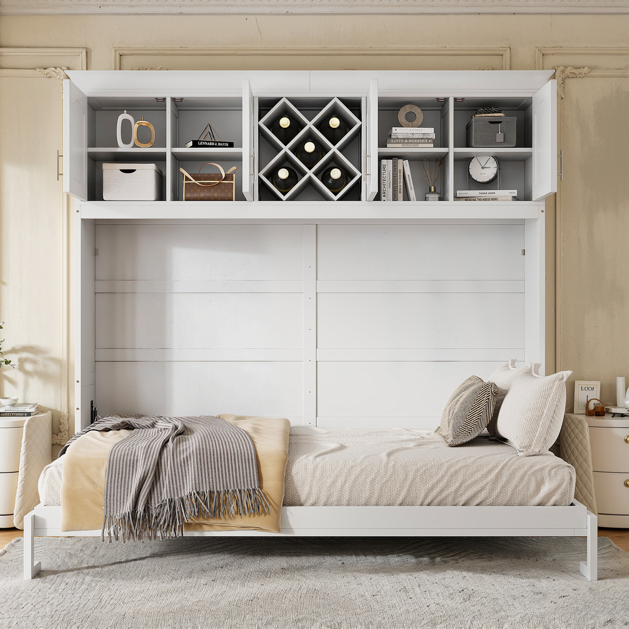 Wildon Home® Queen Size Murphy Bed Wall Bed With Top Cabinets & Wine ...