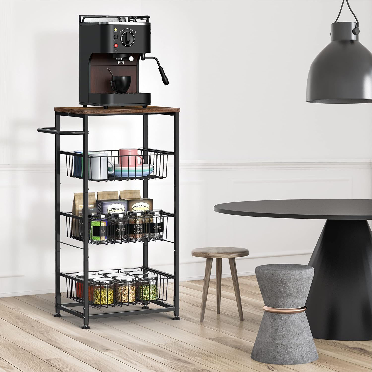 17 Stories With Handle Mesh Basket Pantry Cart Rack With Wooden ...