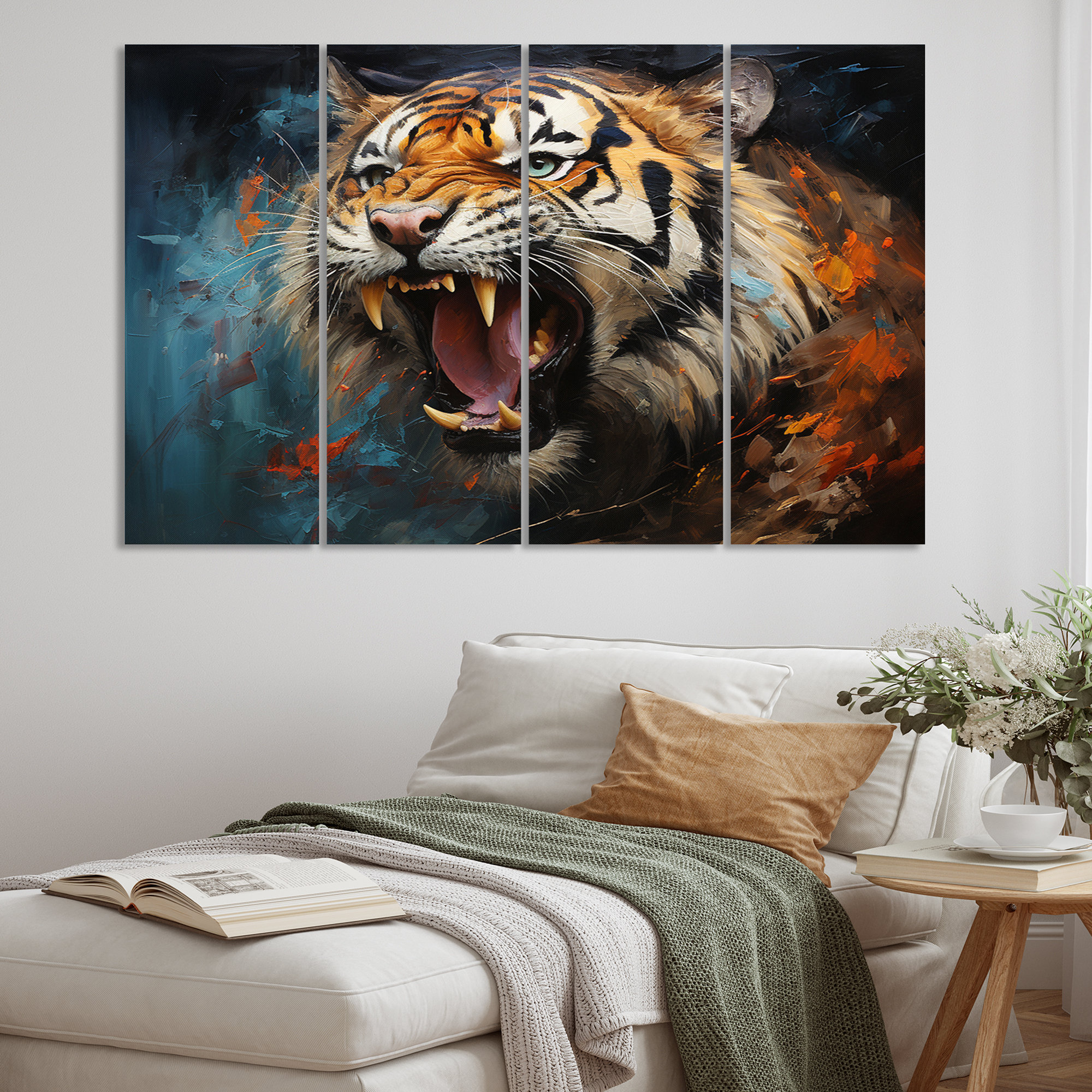 Dakota Fields Tiger Roaring Majesty Collage II On Canvas 4 Pieces Print ...