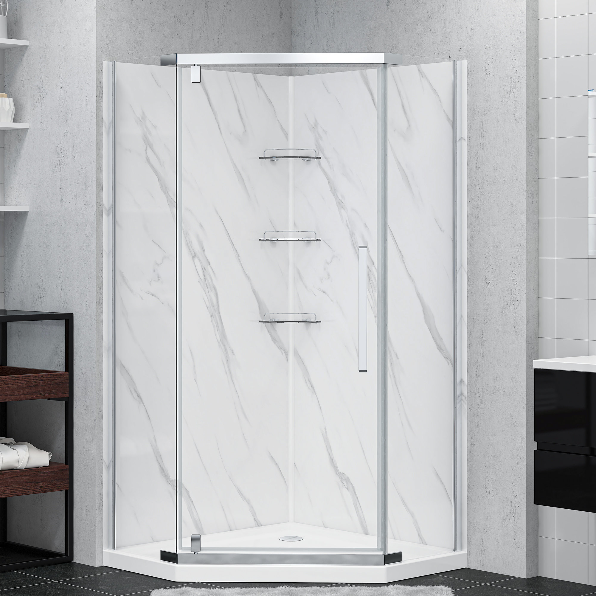DREAMWERKS Capri 38'' W 79'' H Framed Neo-Angle Reversible Shower Kit ...