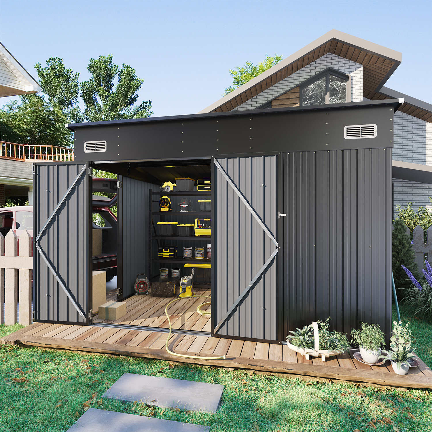 JolyDale 10 Ft. W X 8 Ft. D Metal Lean-to Storage Shed With Three Doors ...