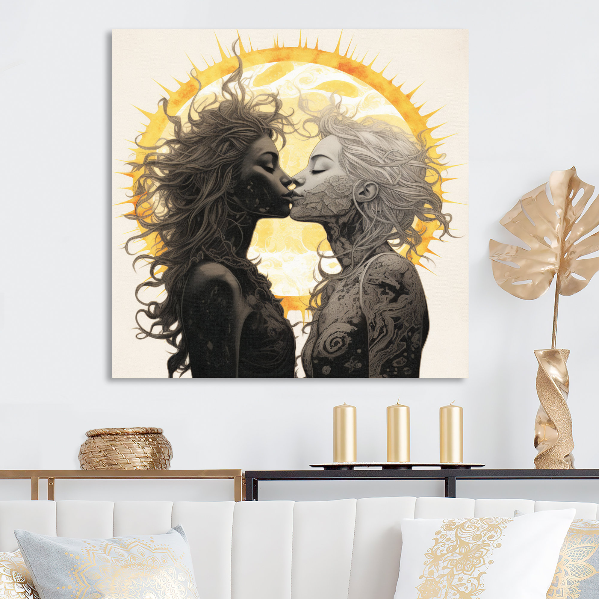 Trinx Lovers Kissing in the Sun Retro Illustration - Print on Canvas ...