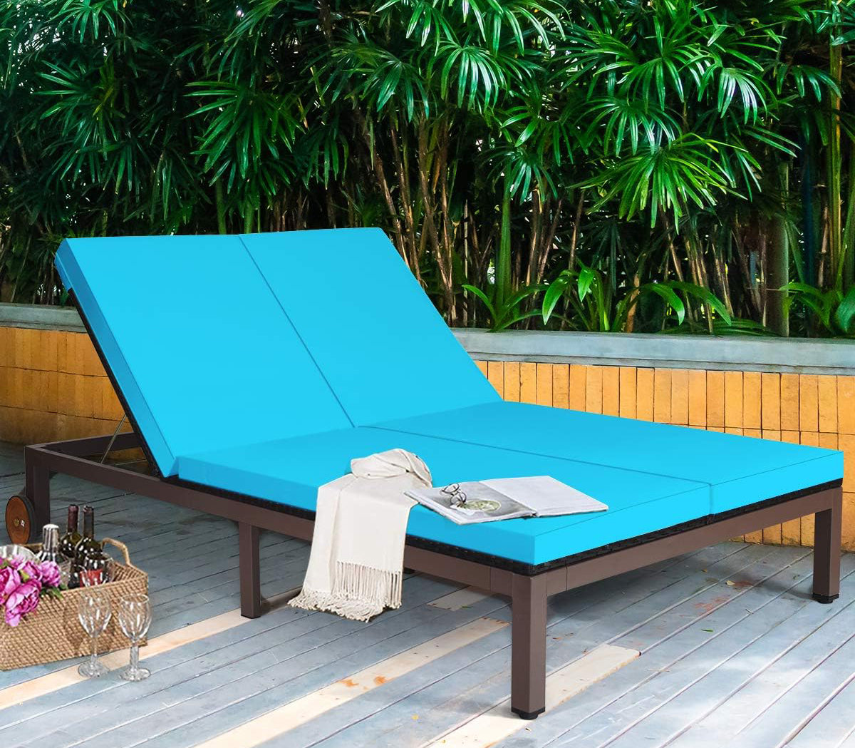 Dovecove Turquoise Rattan Double Wicker Daybed Chaise Lounge Chair with ...