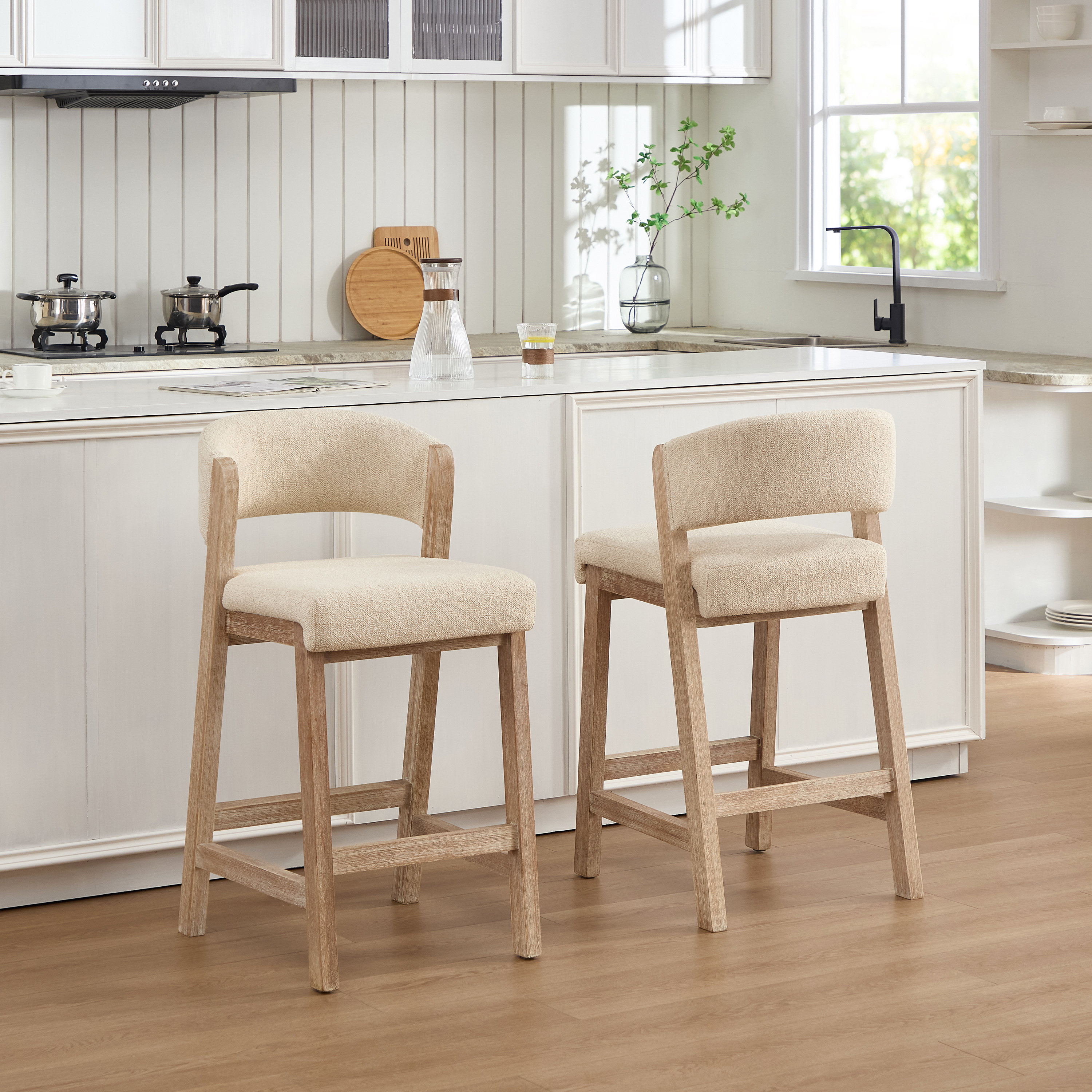 Gracie Oaks 26.2"H Mid-Century Upholstered Linen Counter Stool With ...