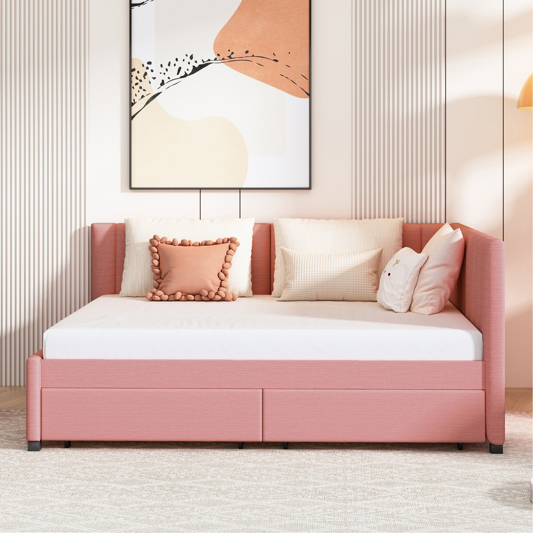 Latitude Run® Upholstered Daybed In Pink Linen With 2 Drawer ...