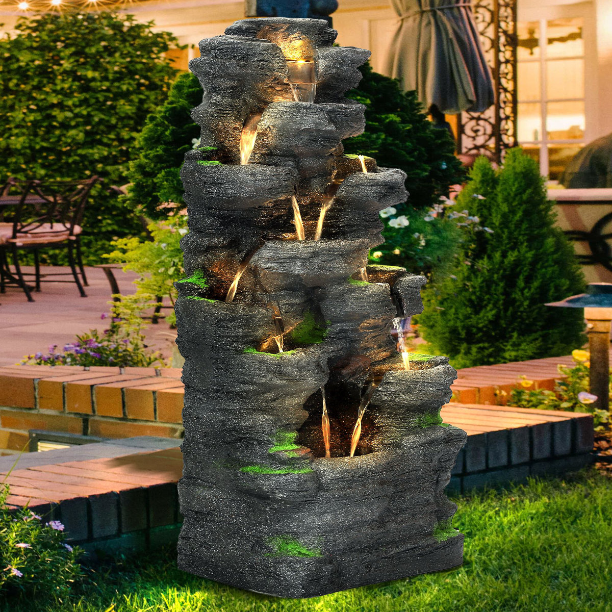 Ivy Bronx 10 Tiers Cascading Rock Outdoor Water Fountain, 40"H Garden ...
