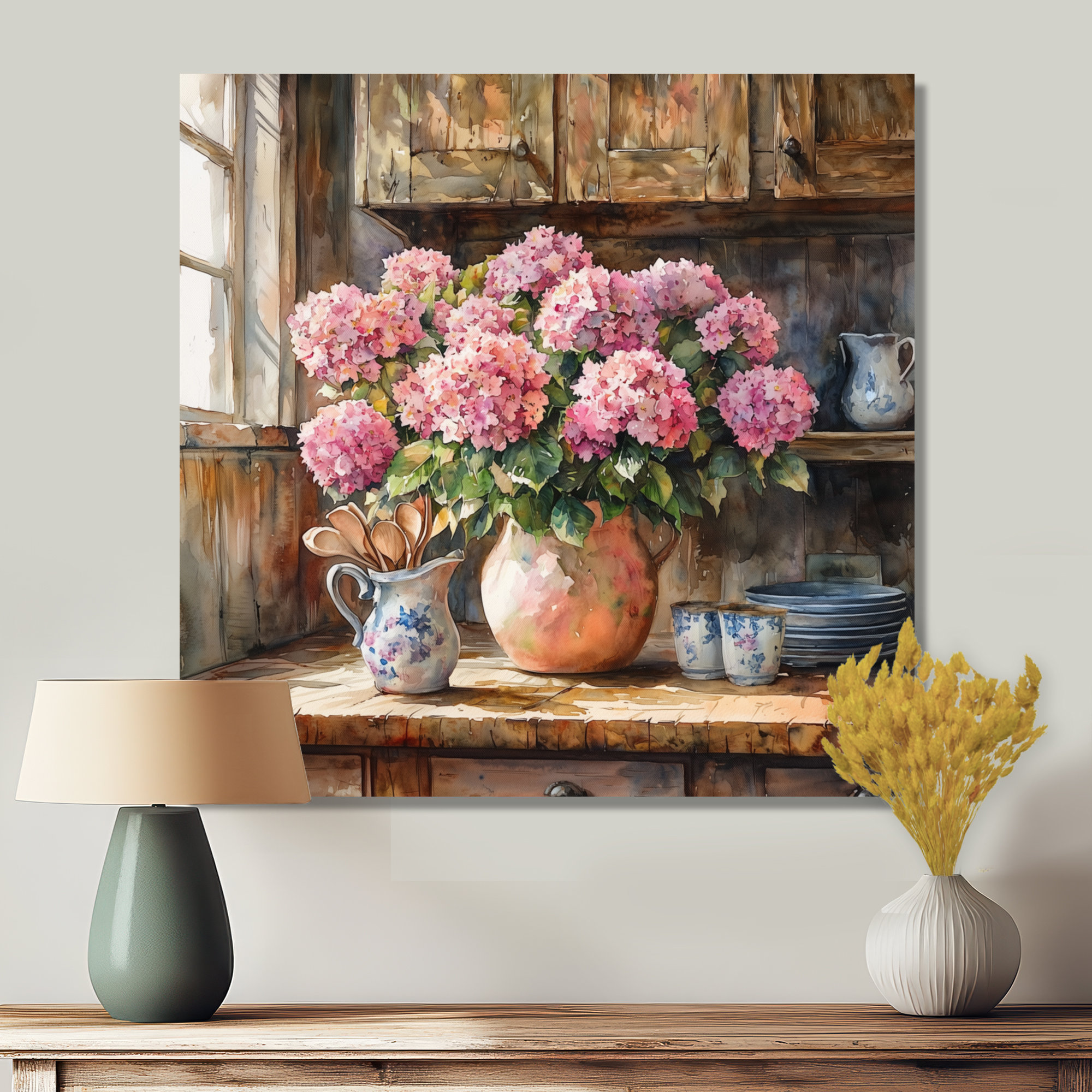 August Grove® Hydrangeas In The Farm Kitchen In Pottery Vase I ...
