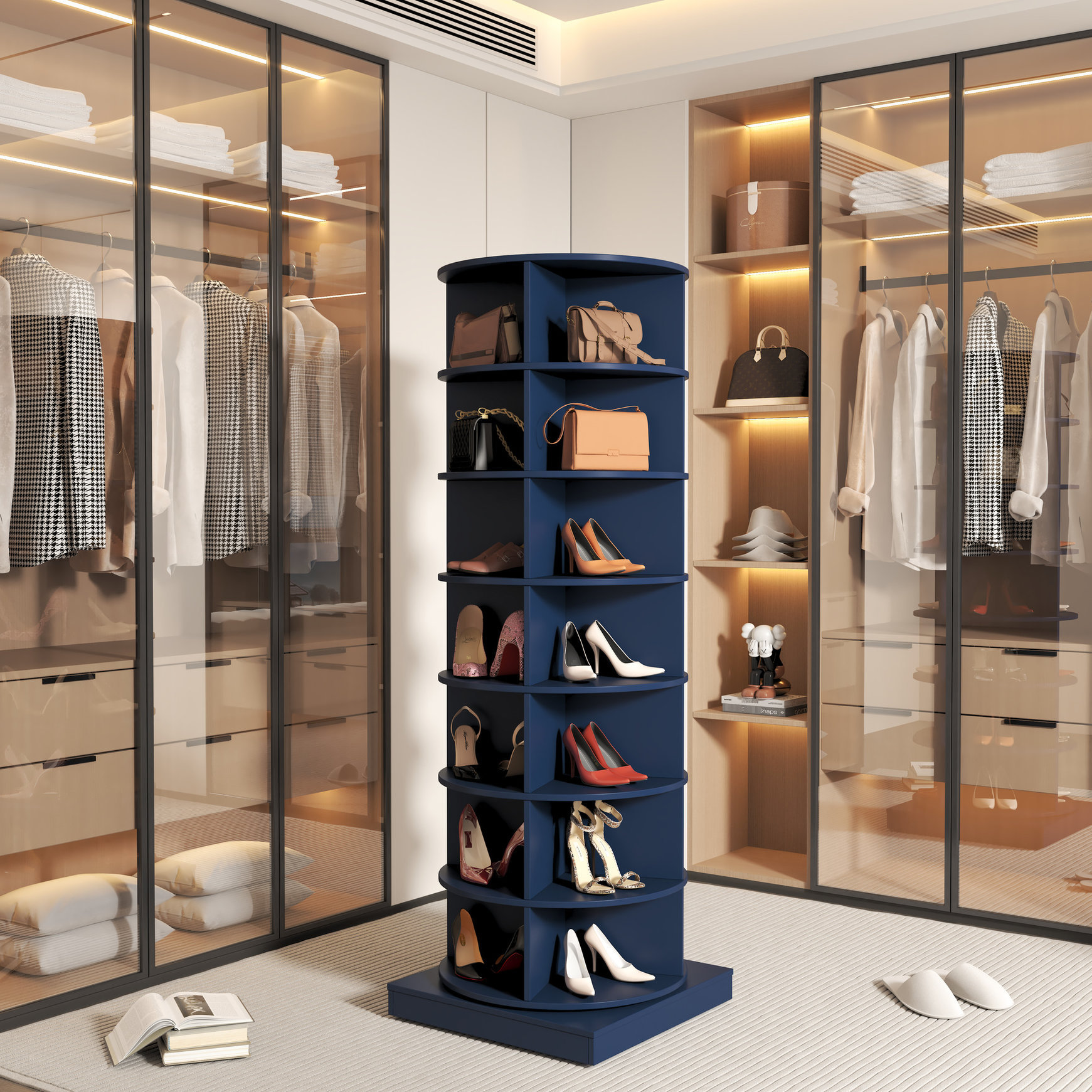 Ebern Designs 360° Rotating Shoe Storage, Navy Blue, 7 Layers, 28 Pairs ...