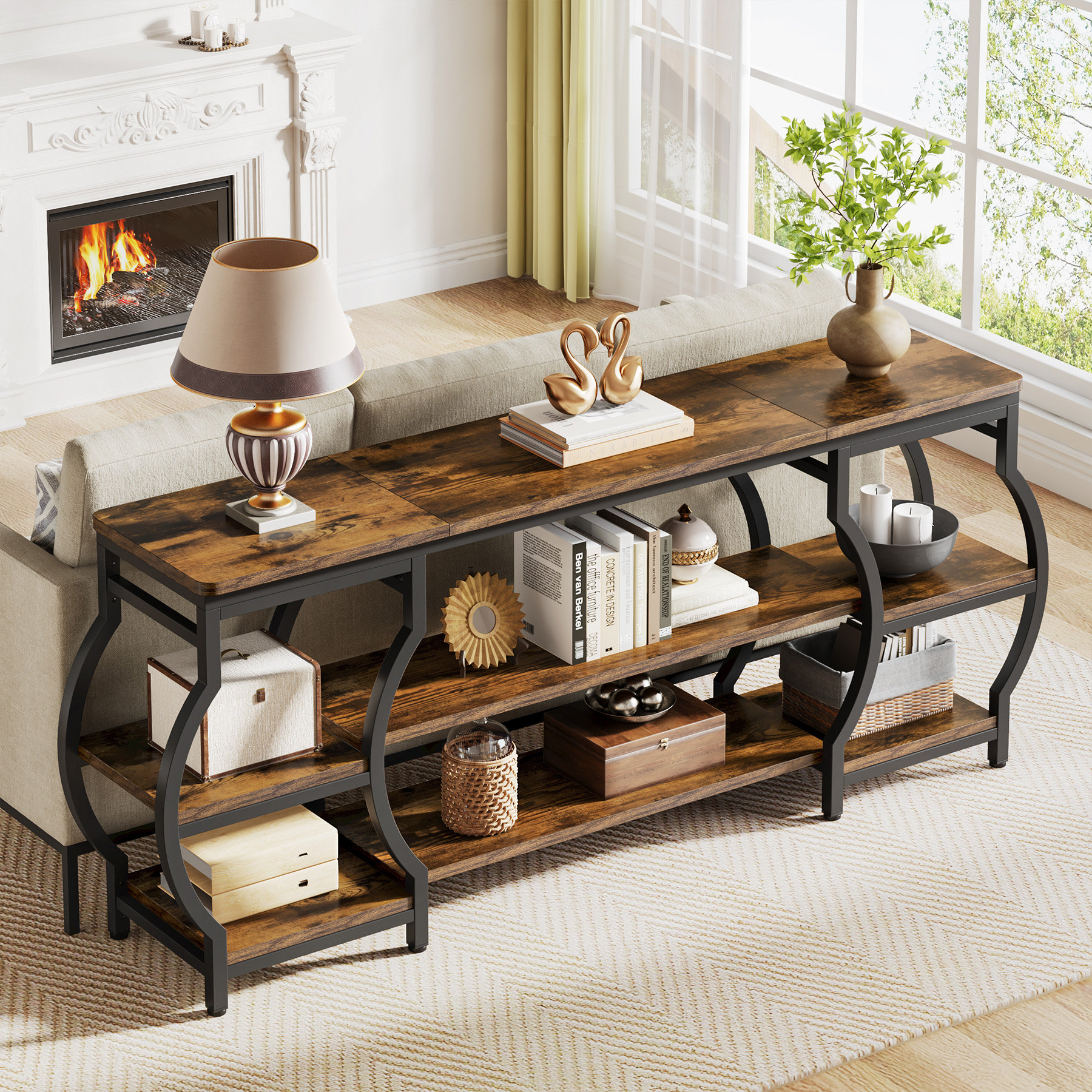 17 Stories 63 Inch Long Entryway Console Table with Storage Shelves ...