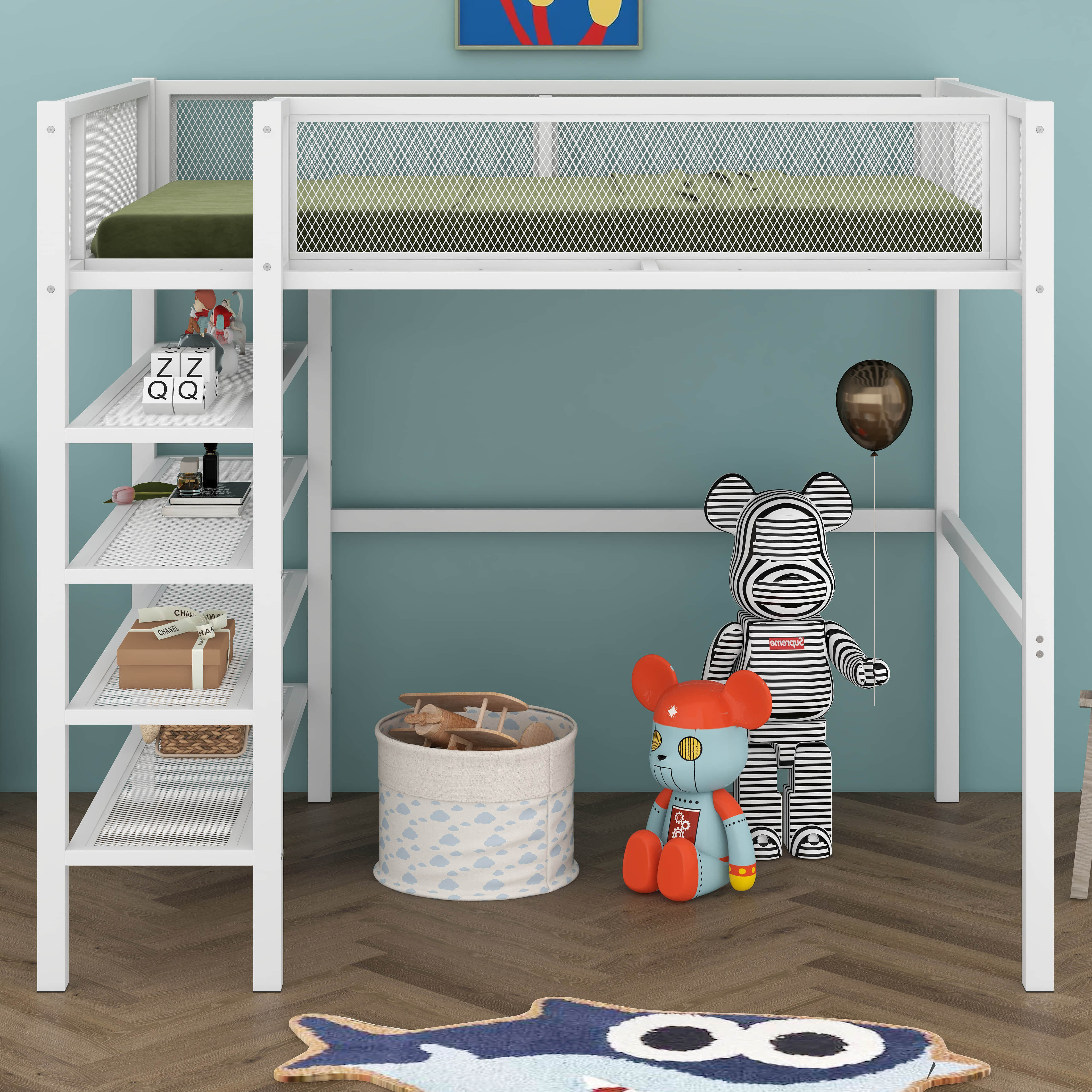 Isabelle & Max™ Aravinthan Twin Size Metal Loft Bed With 4-Tier Shelves ...