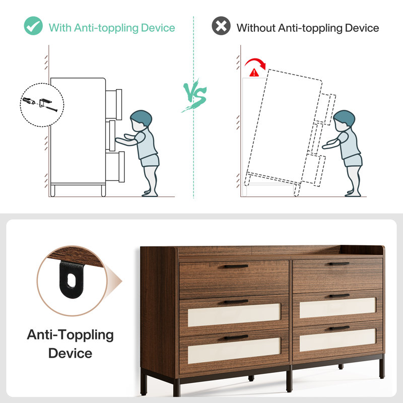 Millwood Pines 6-Drawer Dresser for Bedroom, 55" Mid-Century Rustic ...
