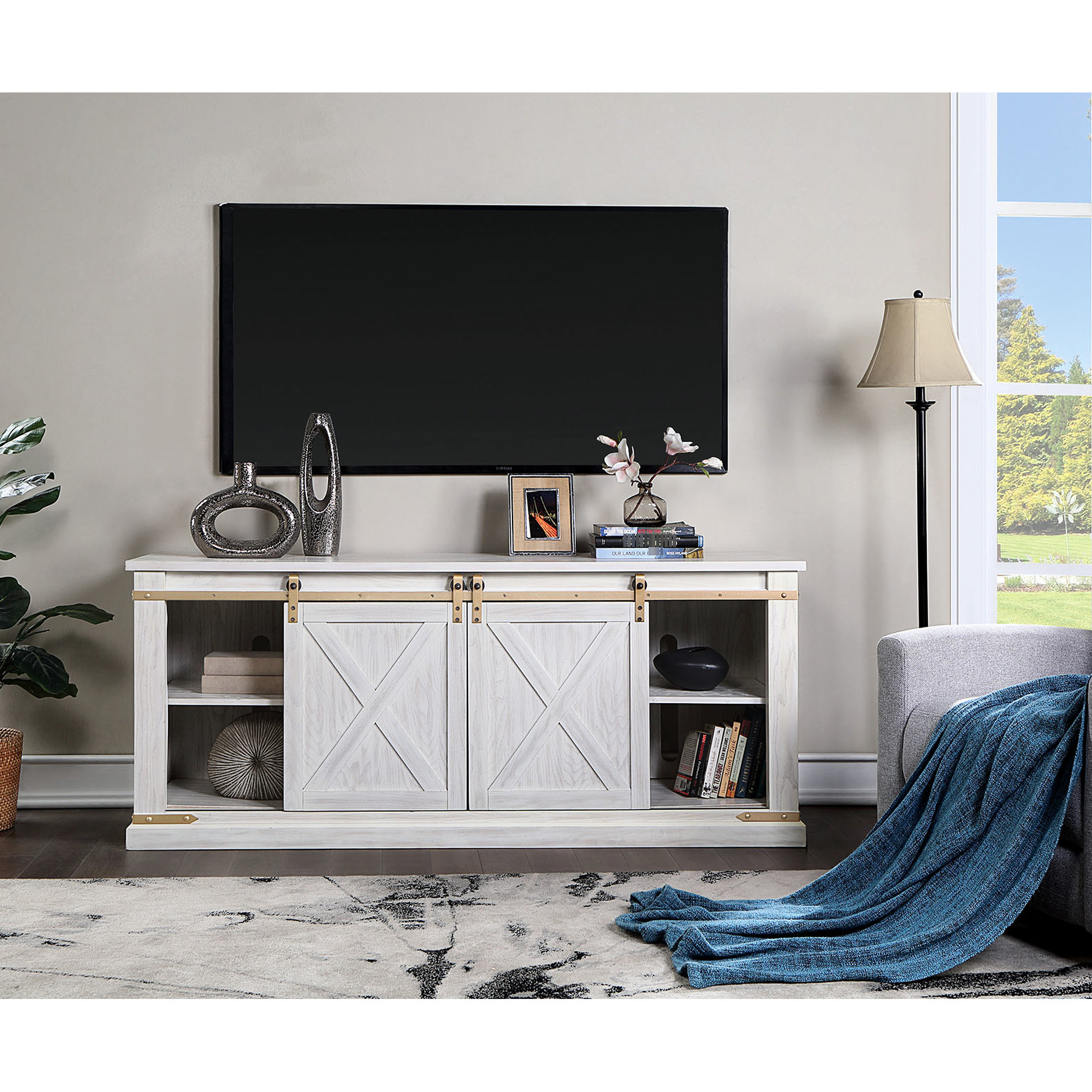 Gracie Oaks Antique White Tv Console With Rustic Charm, Sliding Doors ...