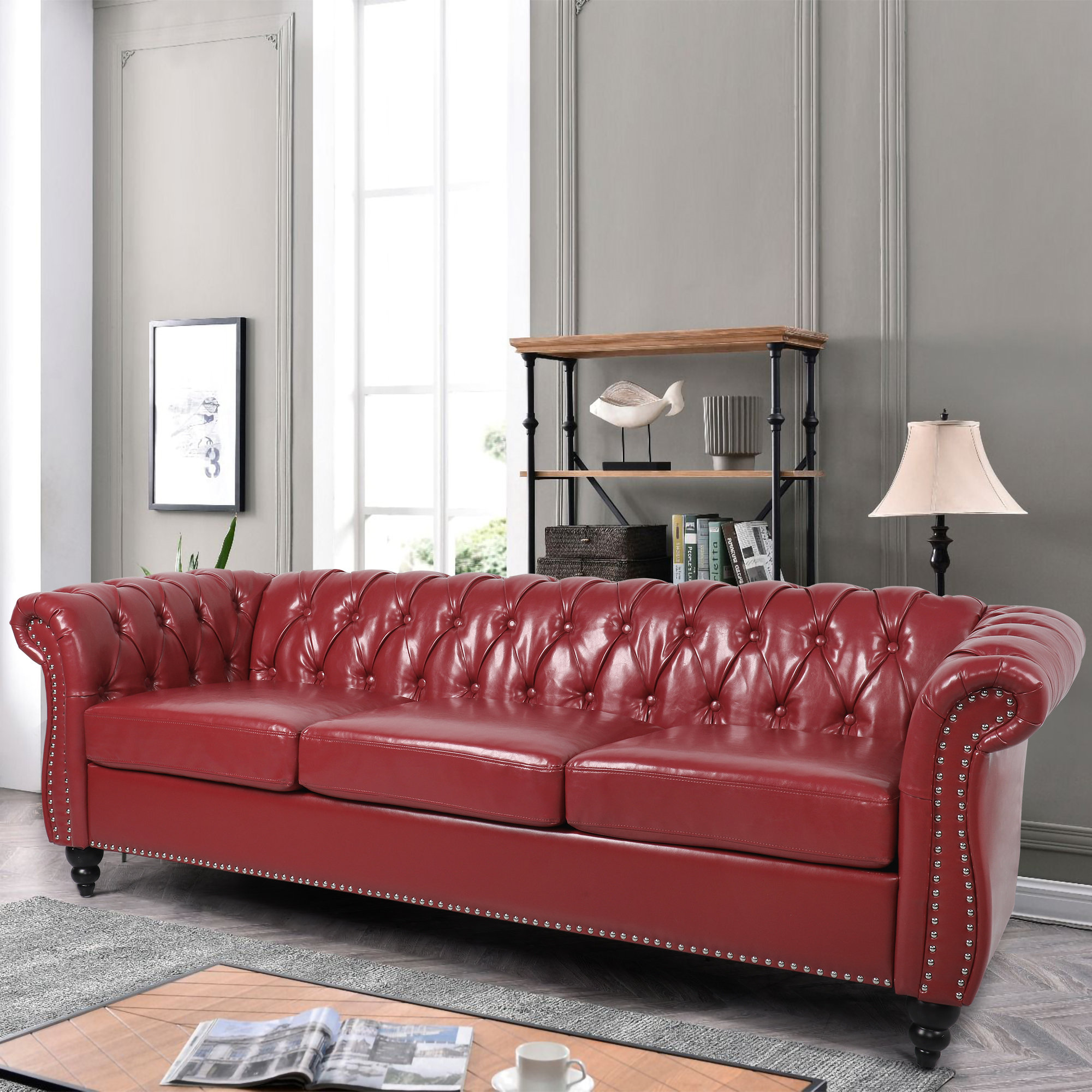 Canora Grey Lluliana 84.5" Faux Leather Rolled Arm Chesterfield Sofa ...