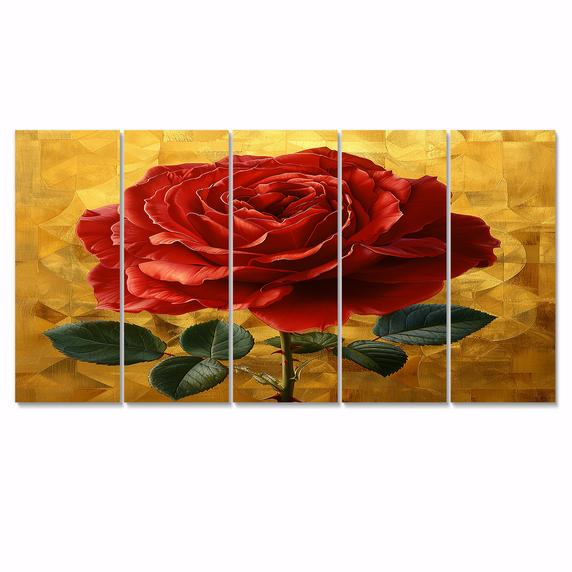Design Art Red Rose On Vintage Gold - Rose Wall Art Set 5 Piece | Wayfair