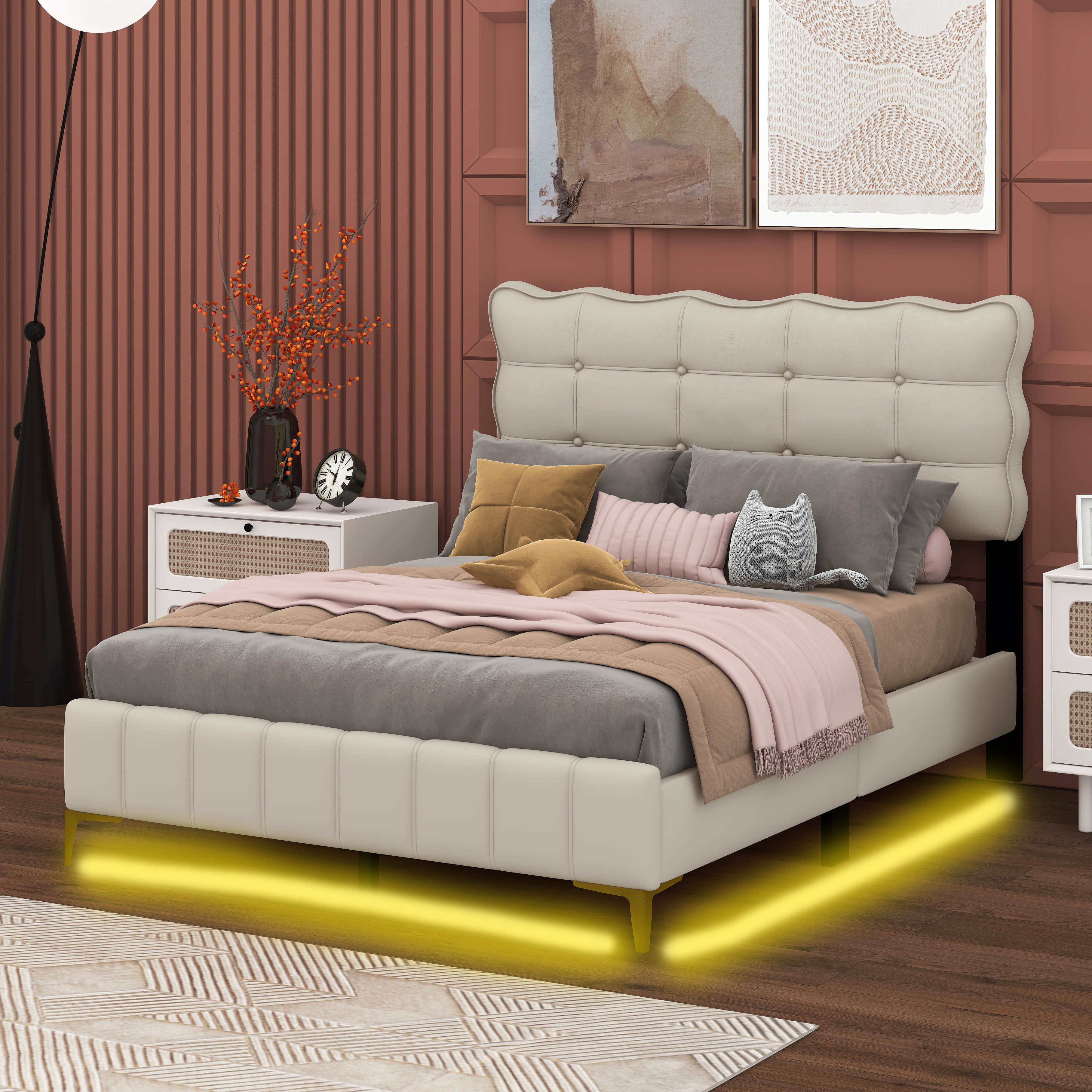 Mercer41 Full Size Velvet Platform Bed With LED Frame And Stylish ...