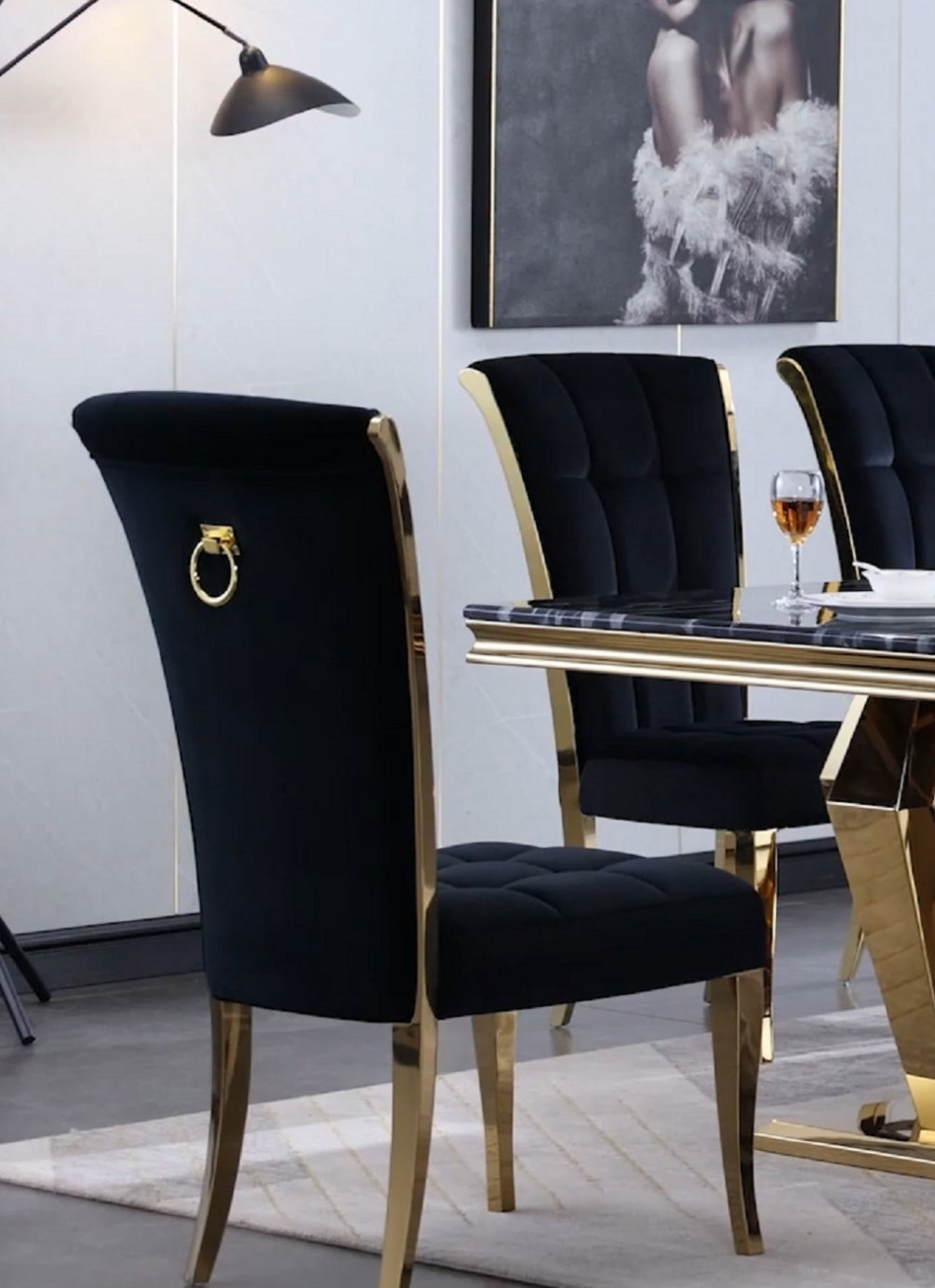Rosdorf Park Black Velvet Dining Chairs With Pull Ring And Mirrored ...