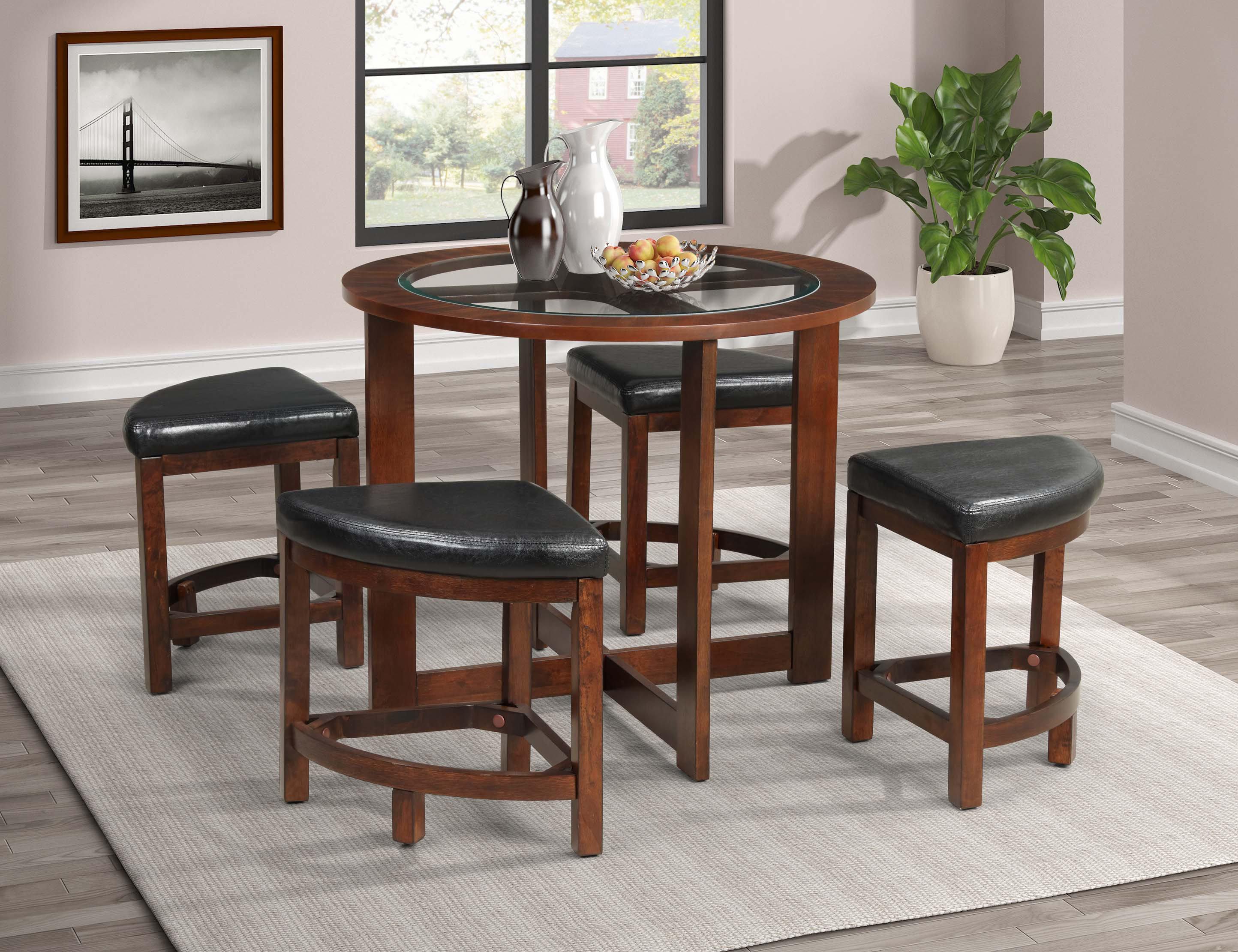 Latitude Run® Solid Wood Dining Set With Glass Top And Compact Stools ...