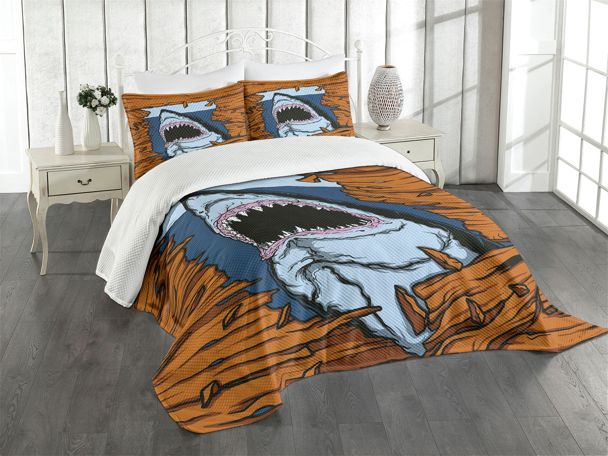 Ambesonne Shark Bedspread Set Wild Fish Wooden Plank Ginger Dark Blue ...