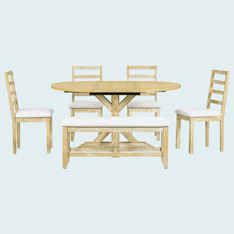 Gracie Oaks Farmhouse 6-Piece 60Inch Extendable Pedestal Dining Table ...