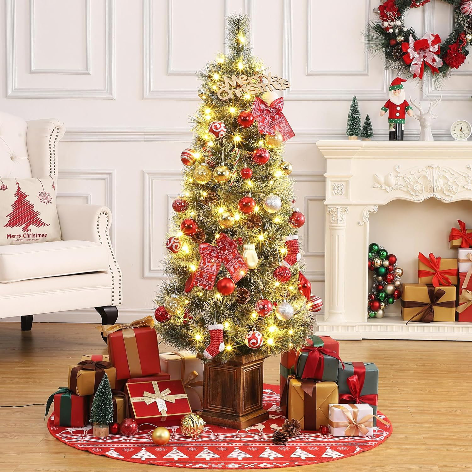 The Holiday Aisle® Artificial Christmas Tree, 4.5 Ft Pre-Lit Potted ...