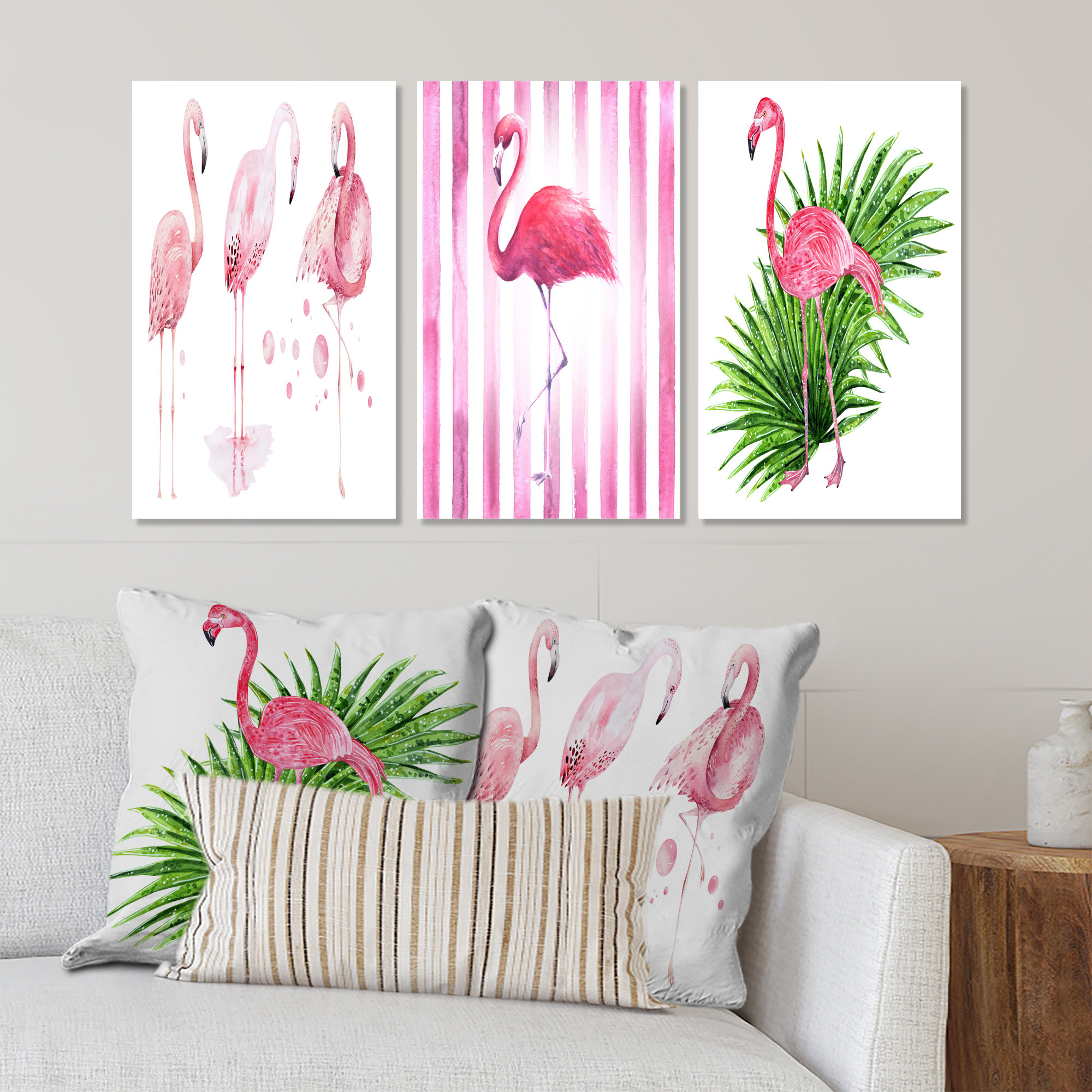 Design Art Pink Flamingos On White - Traditional Art Set Of 3 Pieces ...