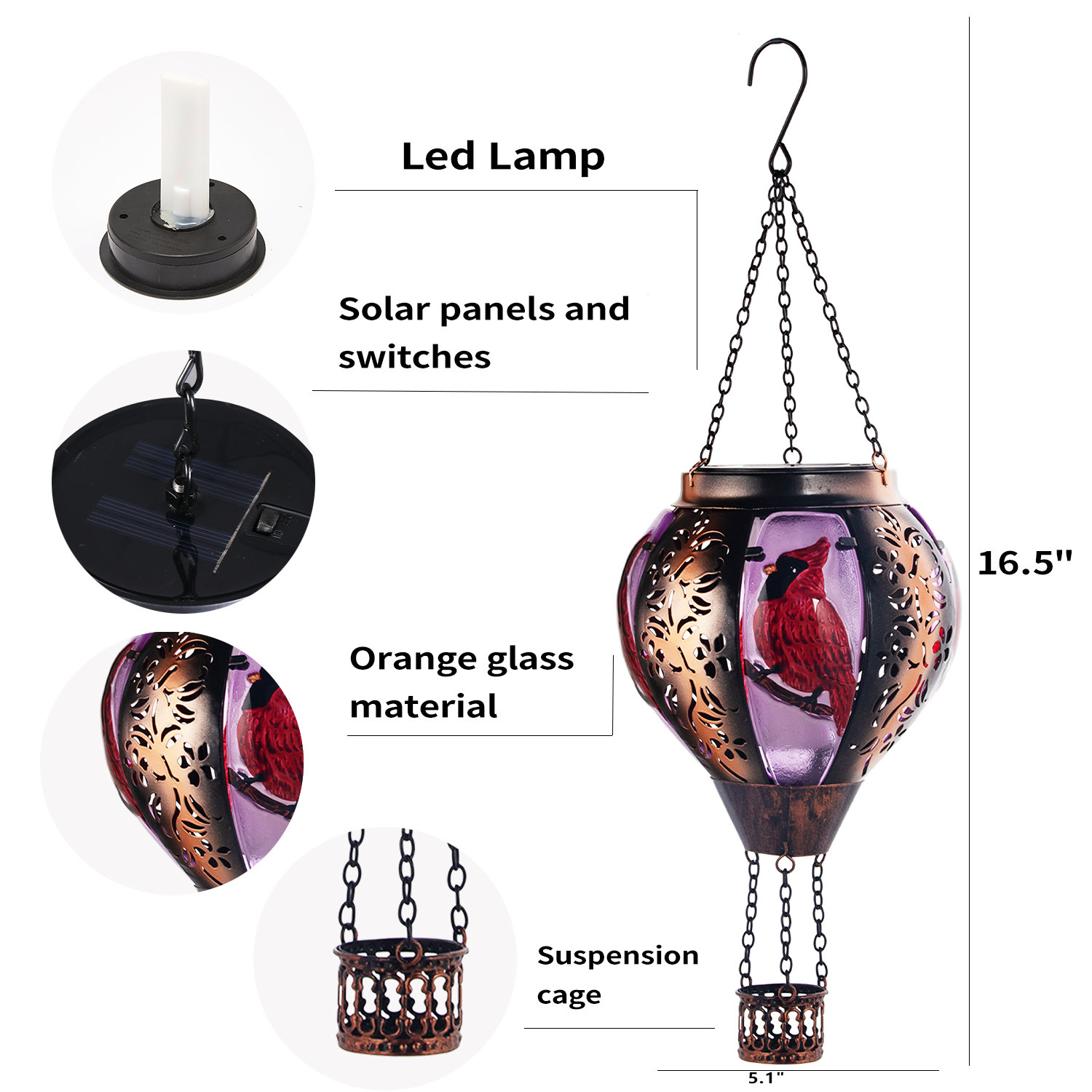 pearlstar 16.5" Hot Air Balloon Cardinal Solar Lantern | Wayfair