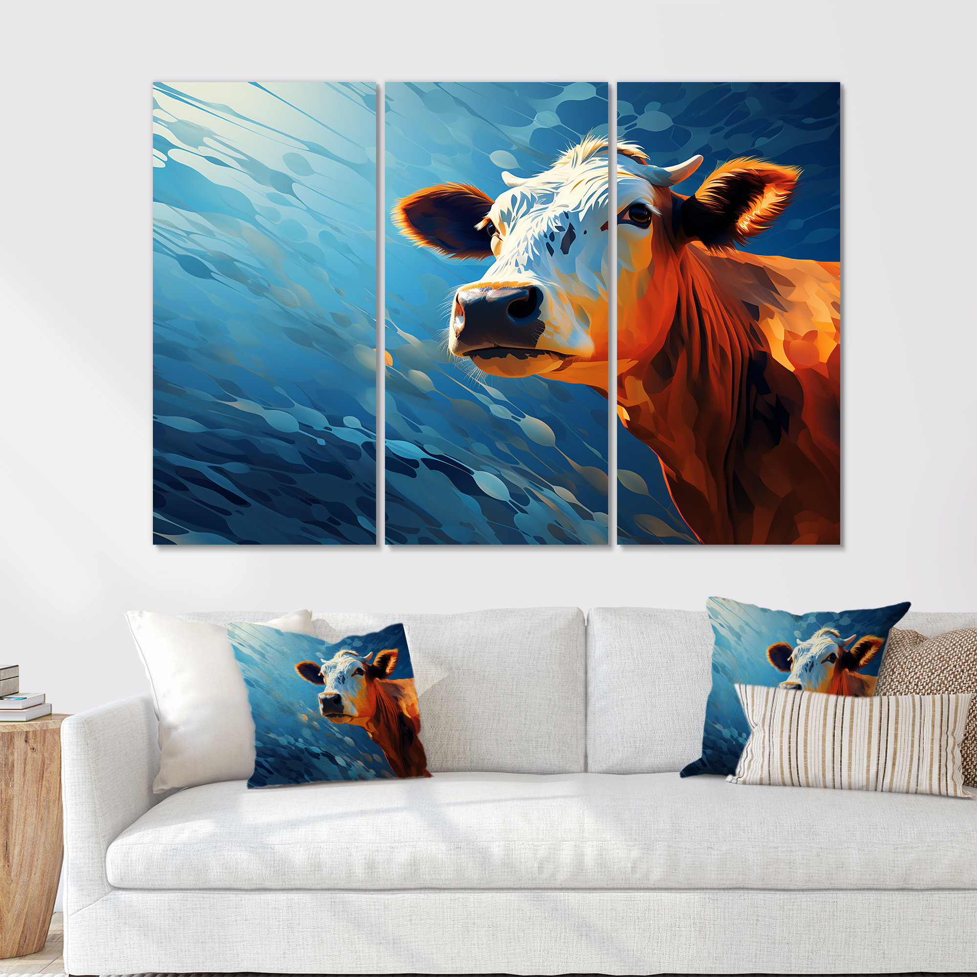 August Grove® Blue And Orange Cow Flow - Cow Animal Wall Art Living ...