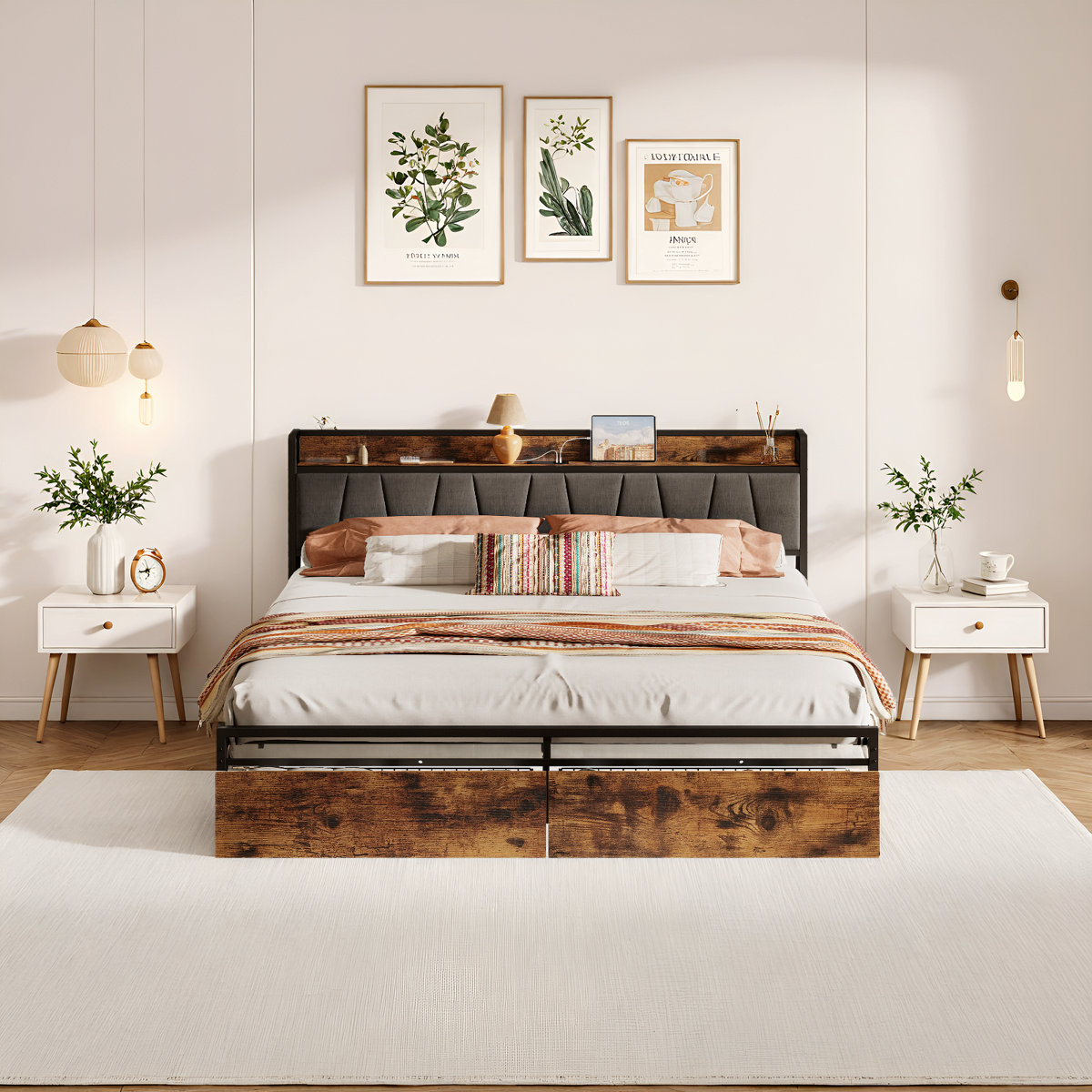 17 Stories Brown-grey California King Size Bed Frame, Charging Head ...