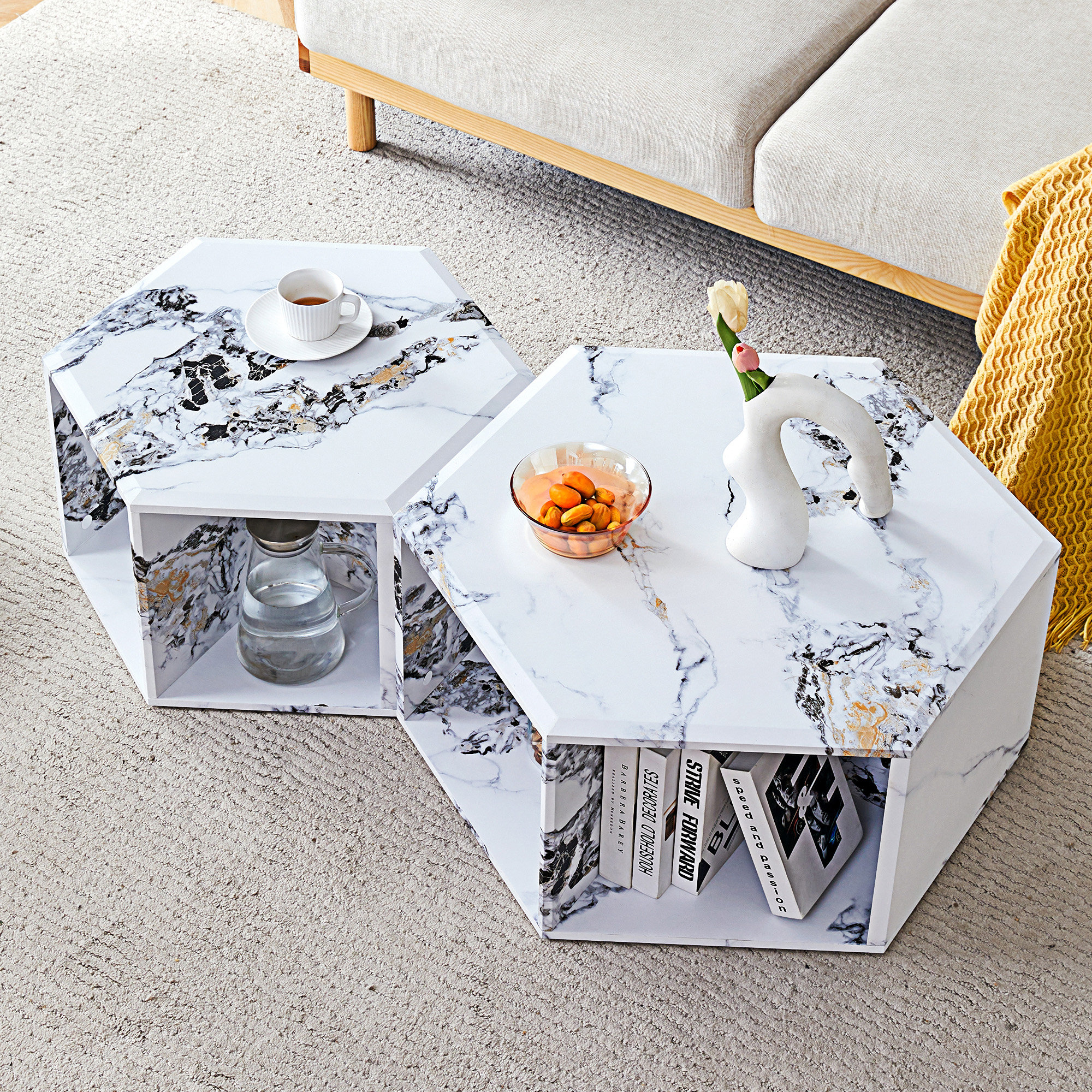 Ivy Bronx Modern Minimalist Hexagonal Coffee Table Set.Hexagonal MDF ...
