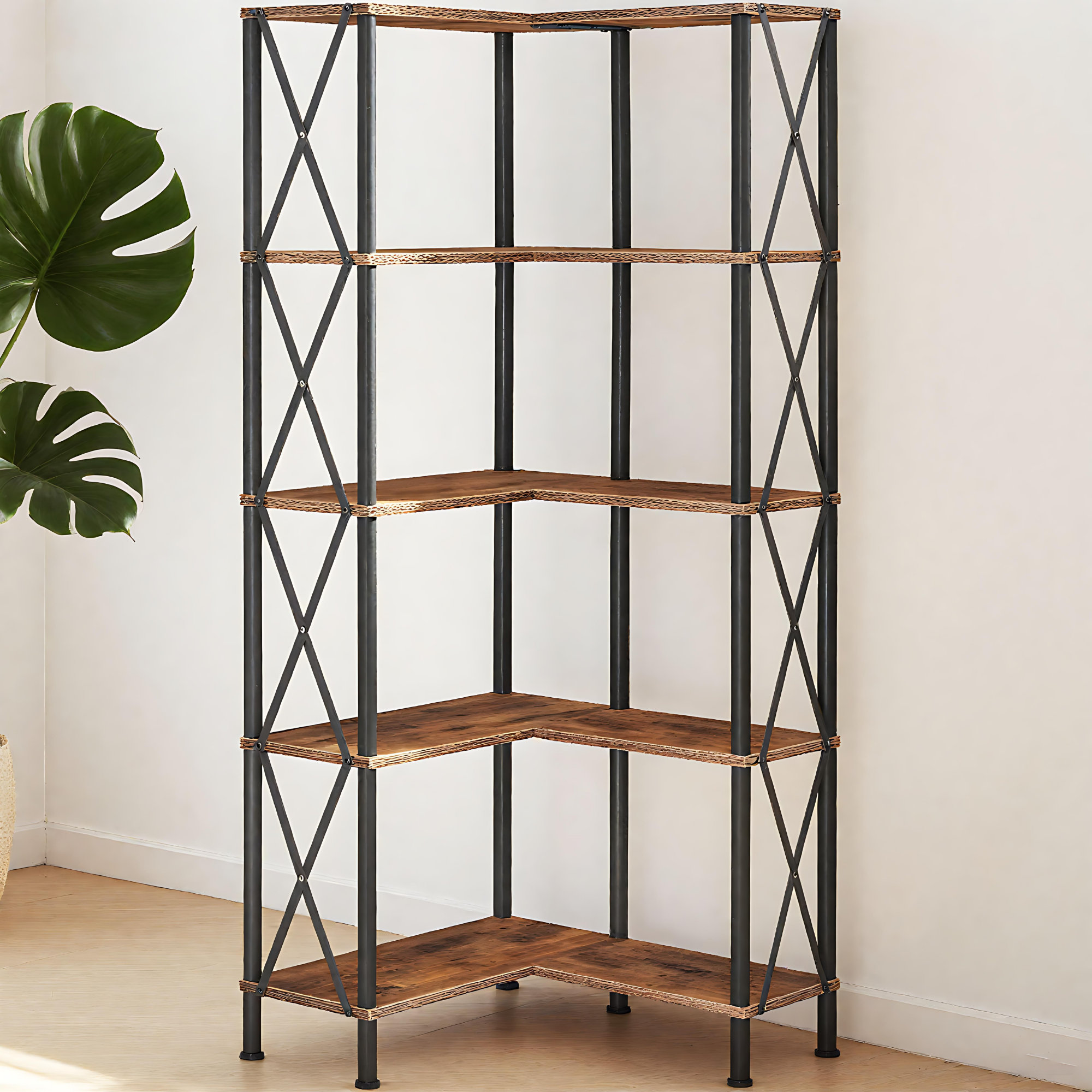 Latitude Run® Industrial 5-Tier Corner Bookcase: L-Shaped Open Shelf ...