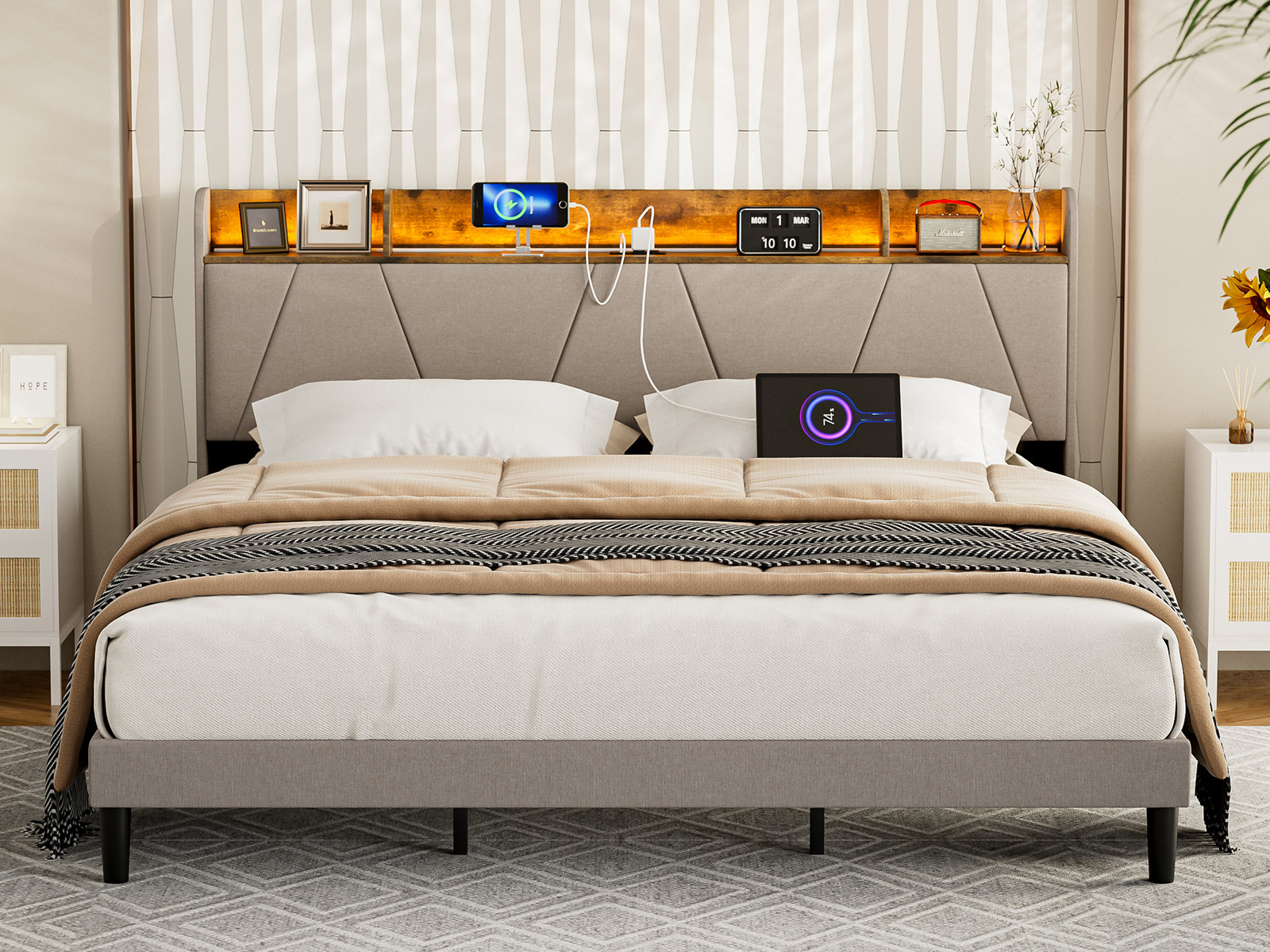 Ivy Bronx Gearl Upholstered Bed With Storage Shelf Headboard & Charging ...