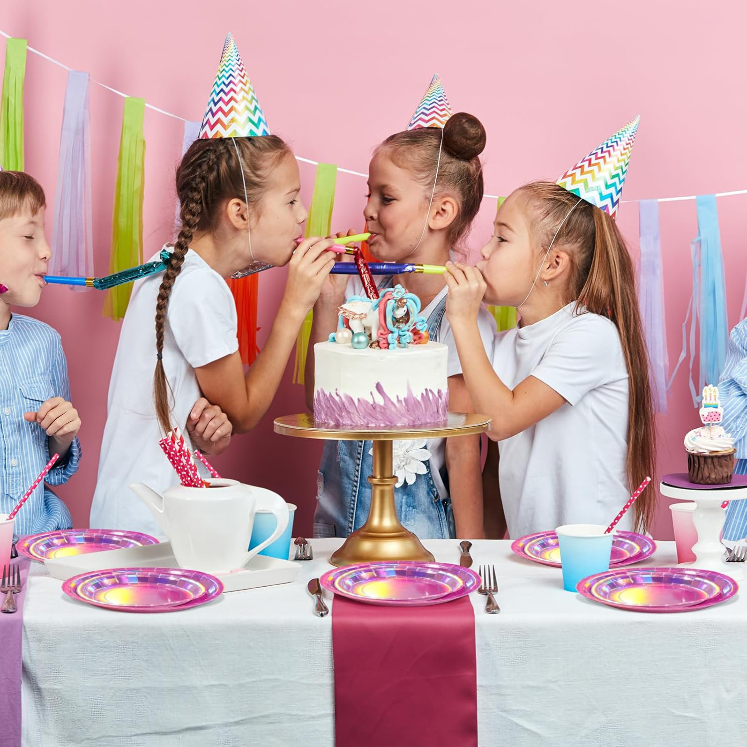 The Party Aisle™ Pink Party Supplies,Serve 50,Holographic Paper Plates ...