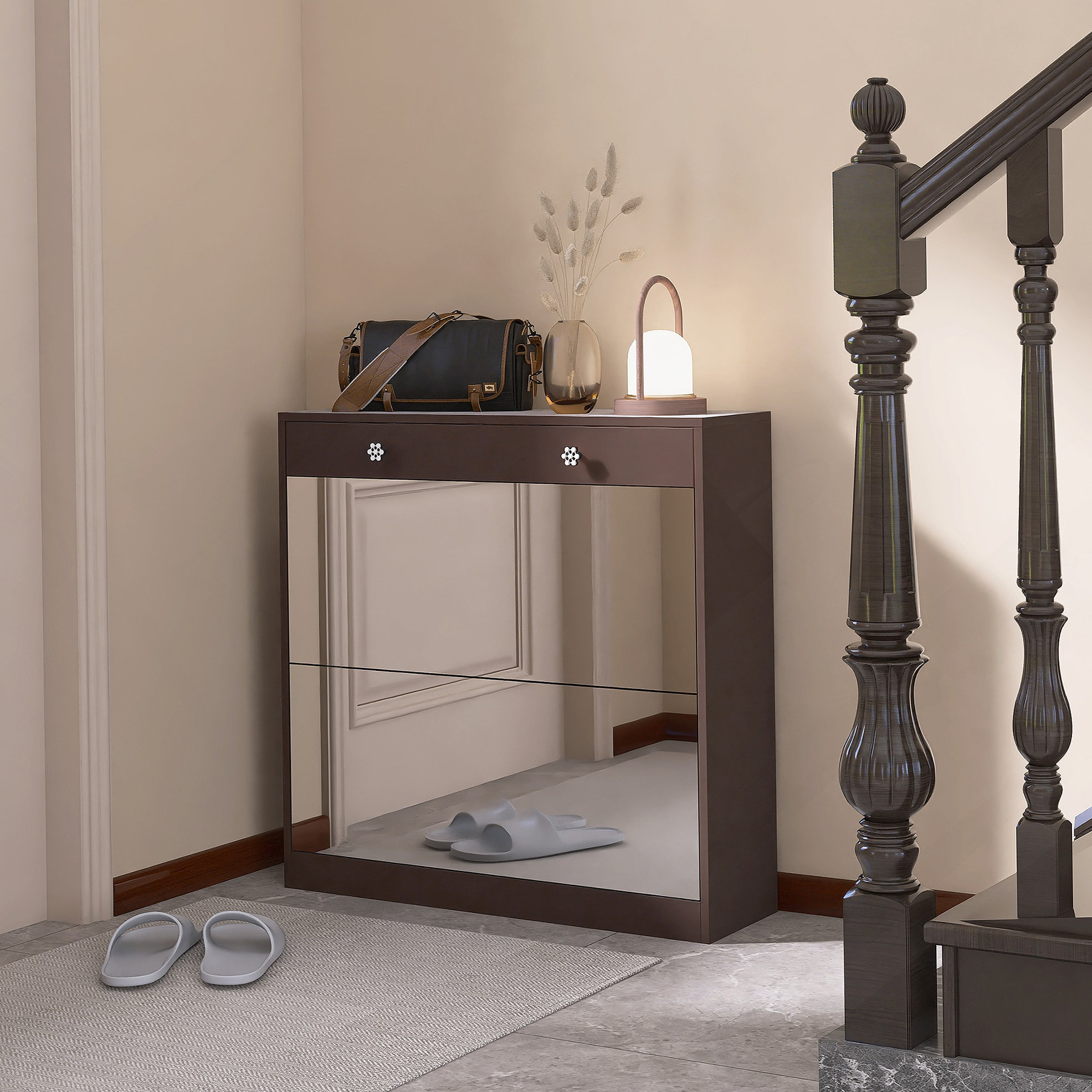 Latitude Run® Mirror Shoe Rack With 1 Drawer Storage, Mirror Shoe ...