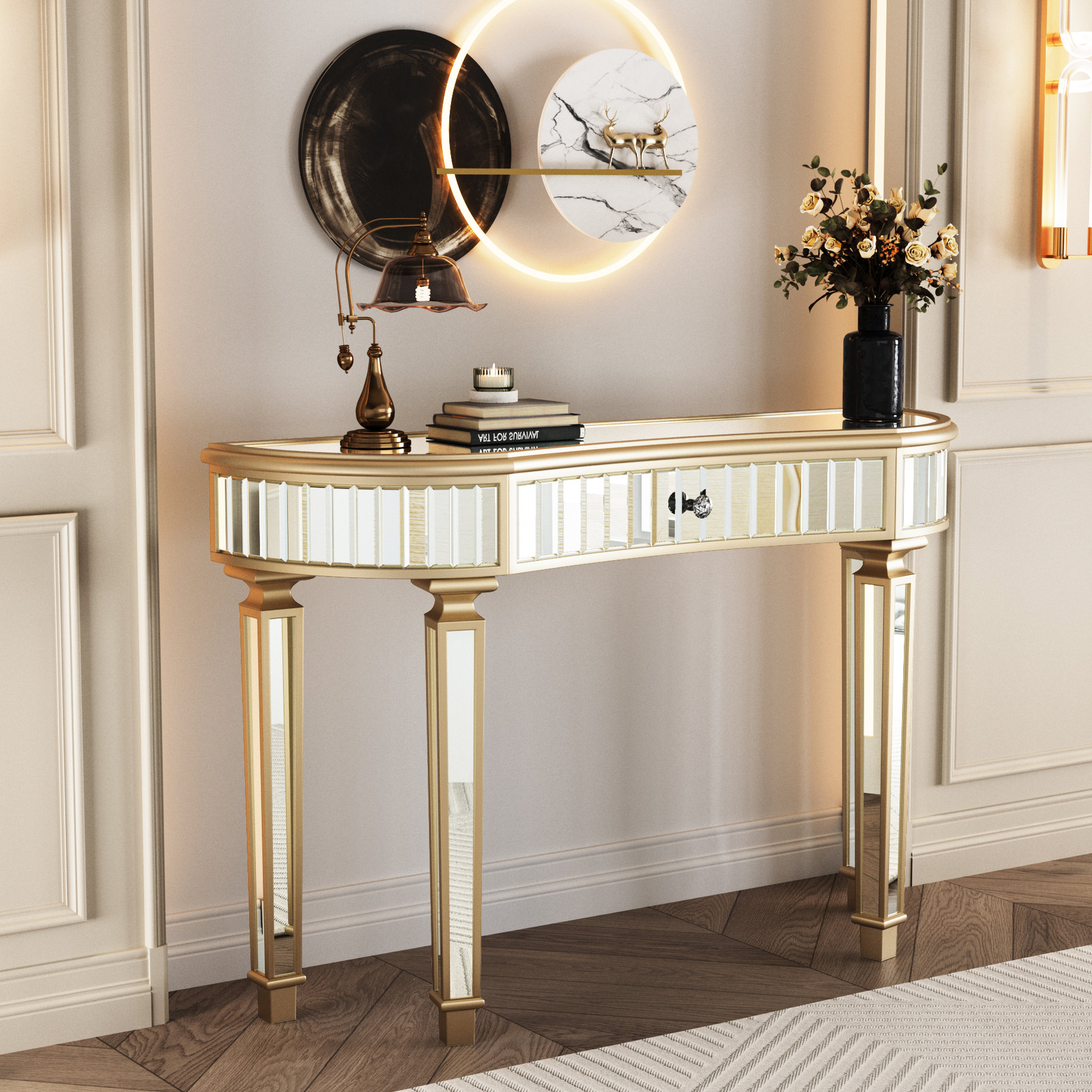 Latitude Run® 47" Mirrored Console In Semicircular Shape With Fluted ...