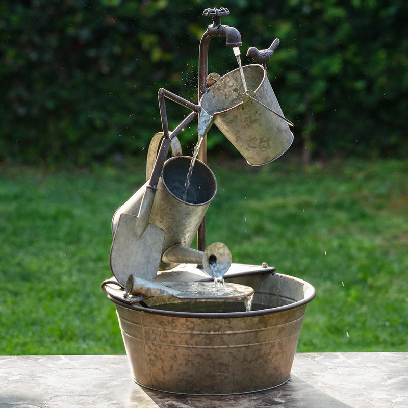 August Grove Outdoor Floor 3-Tiered Metal Garden Tools Water Fountain ...