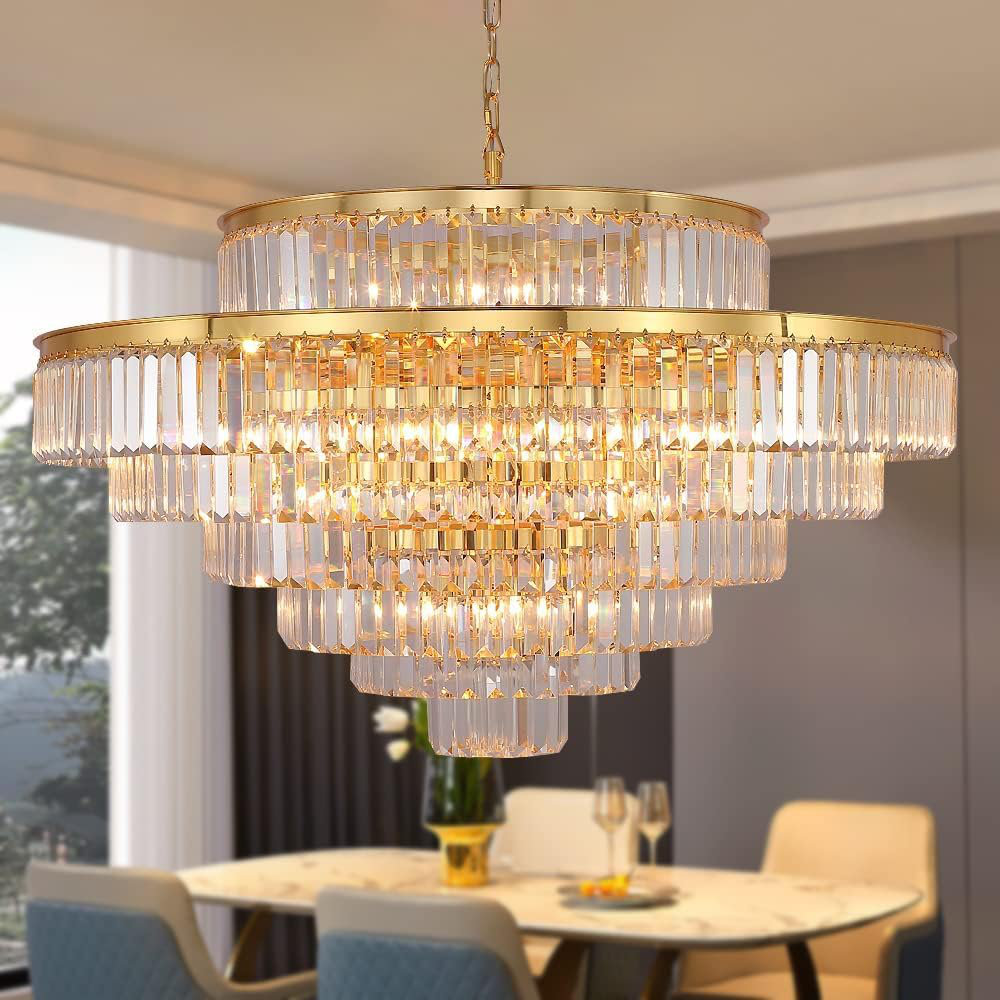 Everly Quinn 40-Inch Gold Crystal Chandelier, 7-Tier Modern Luxury Ceiling Light With 28 E12 ...