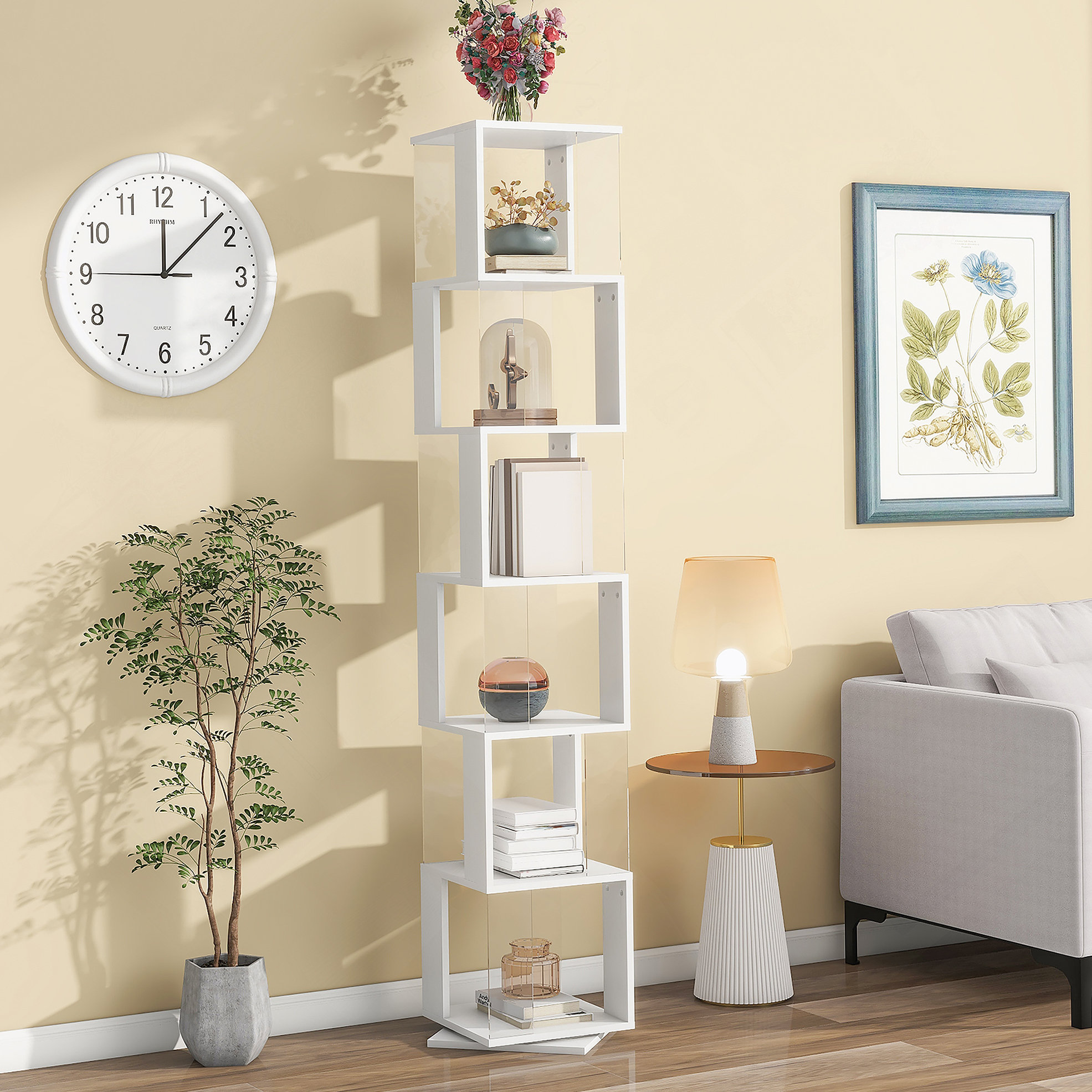 Ebern Designs 6-Tier Rotating Bookshelf, Floor Rack With Acrylic Plate ...