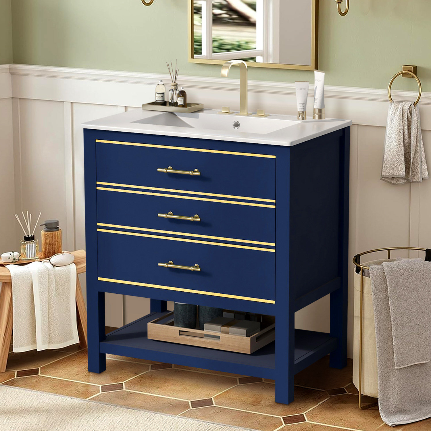 Mercer41 Bathroom Vanity Cabinet Ceramic Sink Combo With Open Storge ...