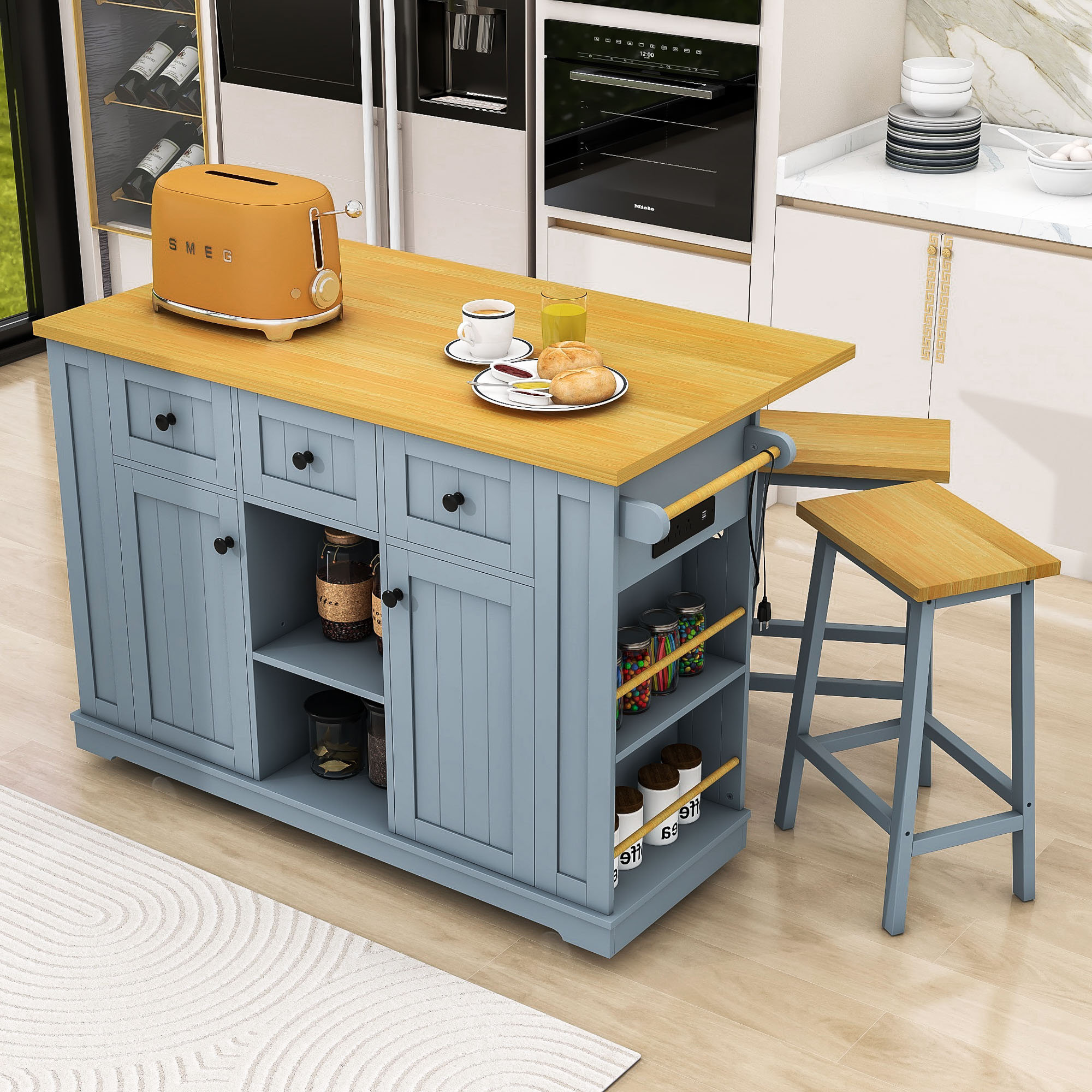 Lark Manor 3-Piece Kitchen Island Set with Storage Shelves, Built-in ...